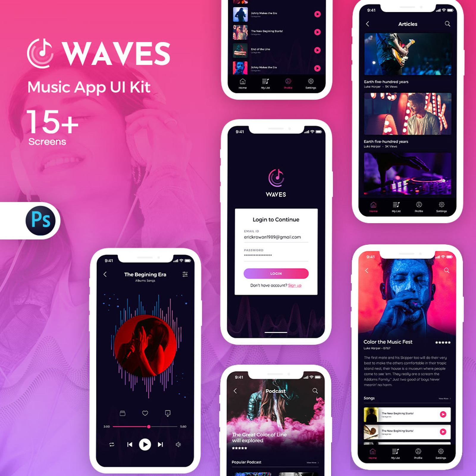 Waves: Music Mobile App UI Elements #150988 - TemplateMonster