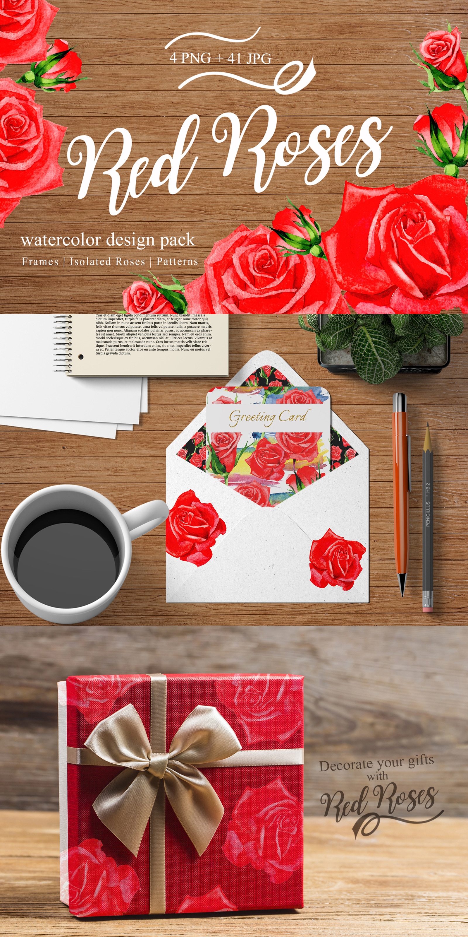Wonderful Red Rose Watercolor Design Pack - Illustration
