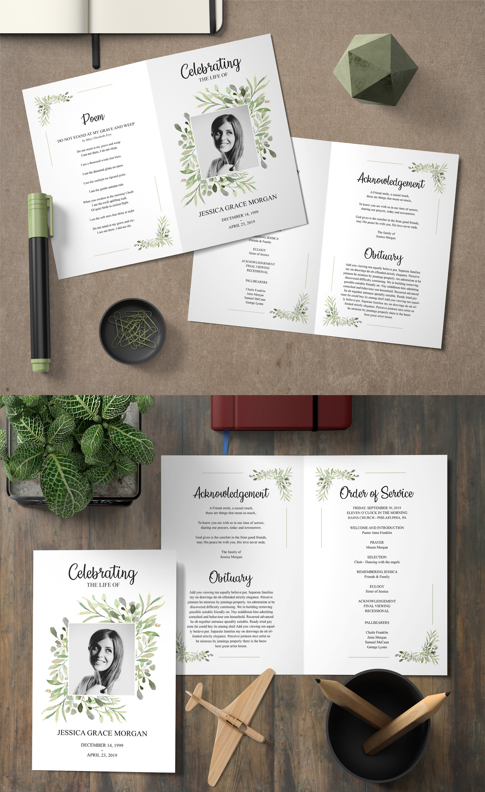 Light Green Floral Funeral Program - Corporate Identity Template