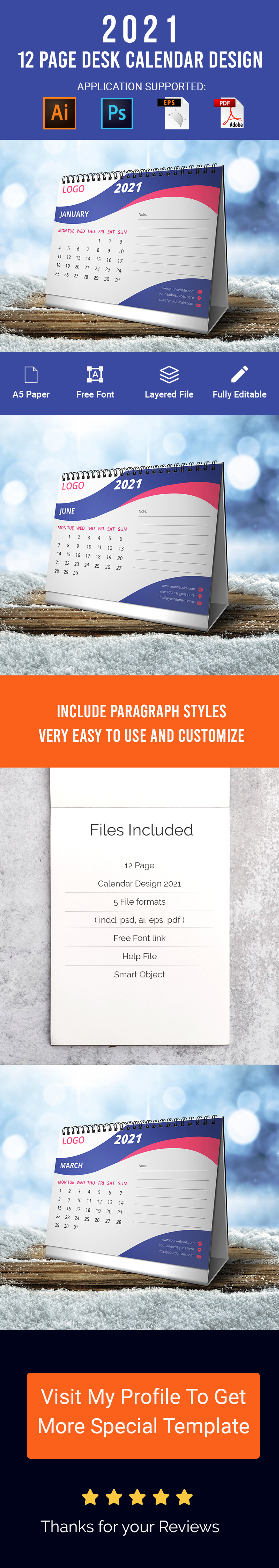 Desk Calendar 2021, 12 Pages Desk Calendar, Table Calendar Planner