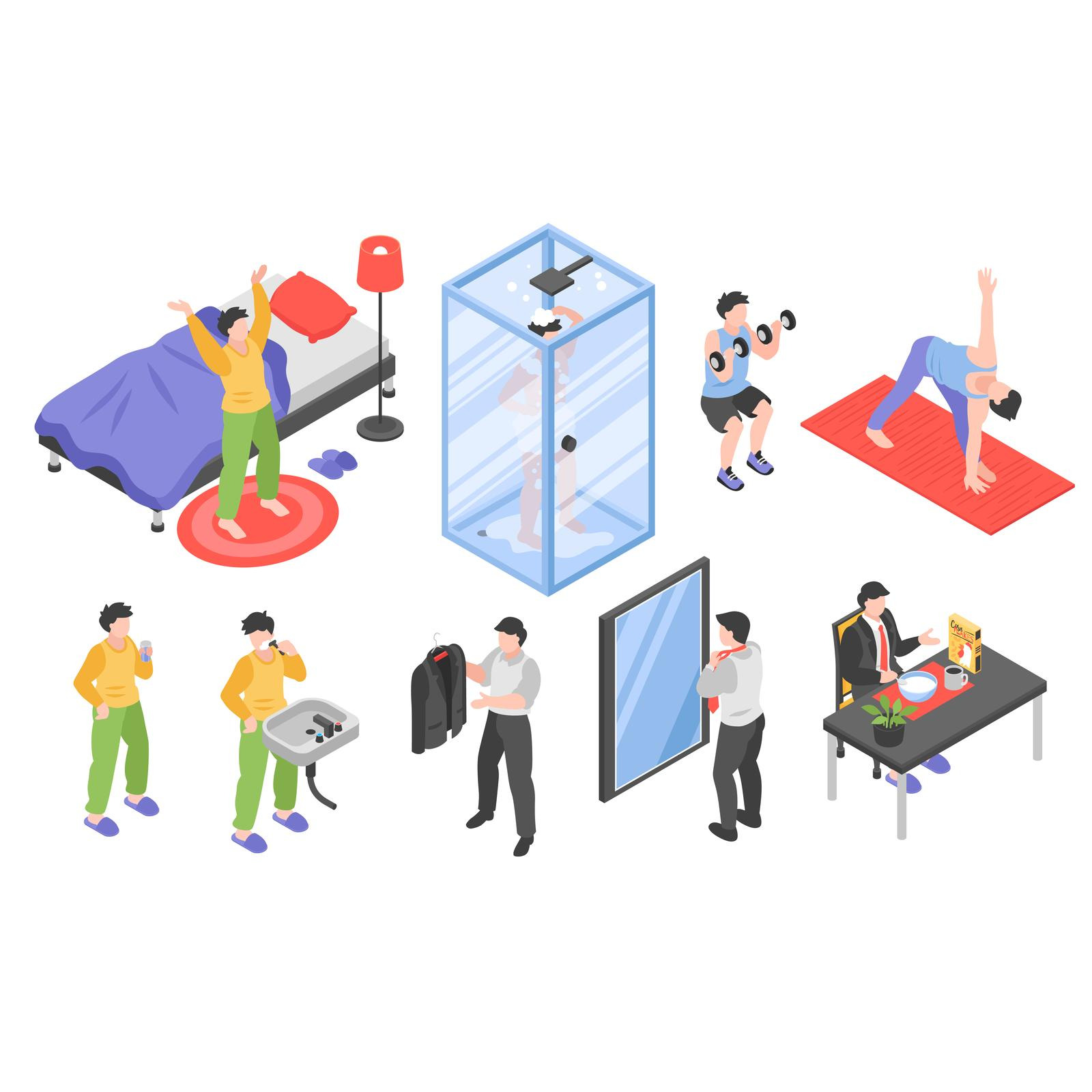 Isometric Morning Routine Men Set 201212123 Vector Illustration Concept