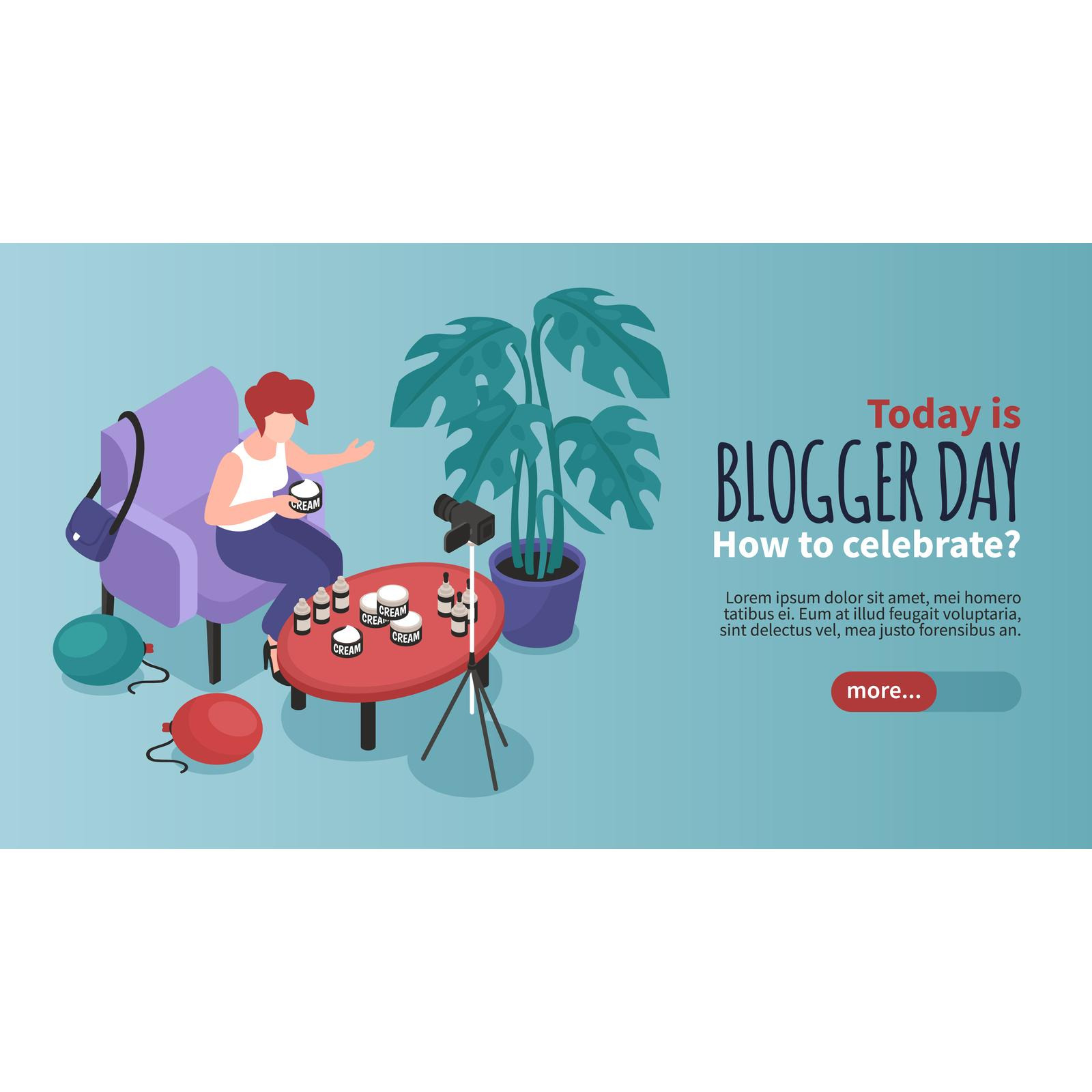 Isometric Blogger Horizontal Banner Vector Illustration Concept