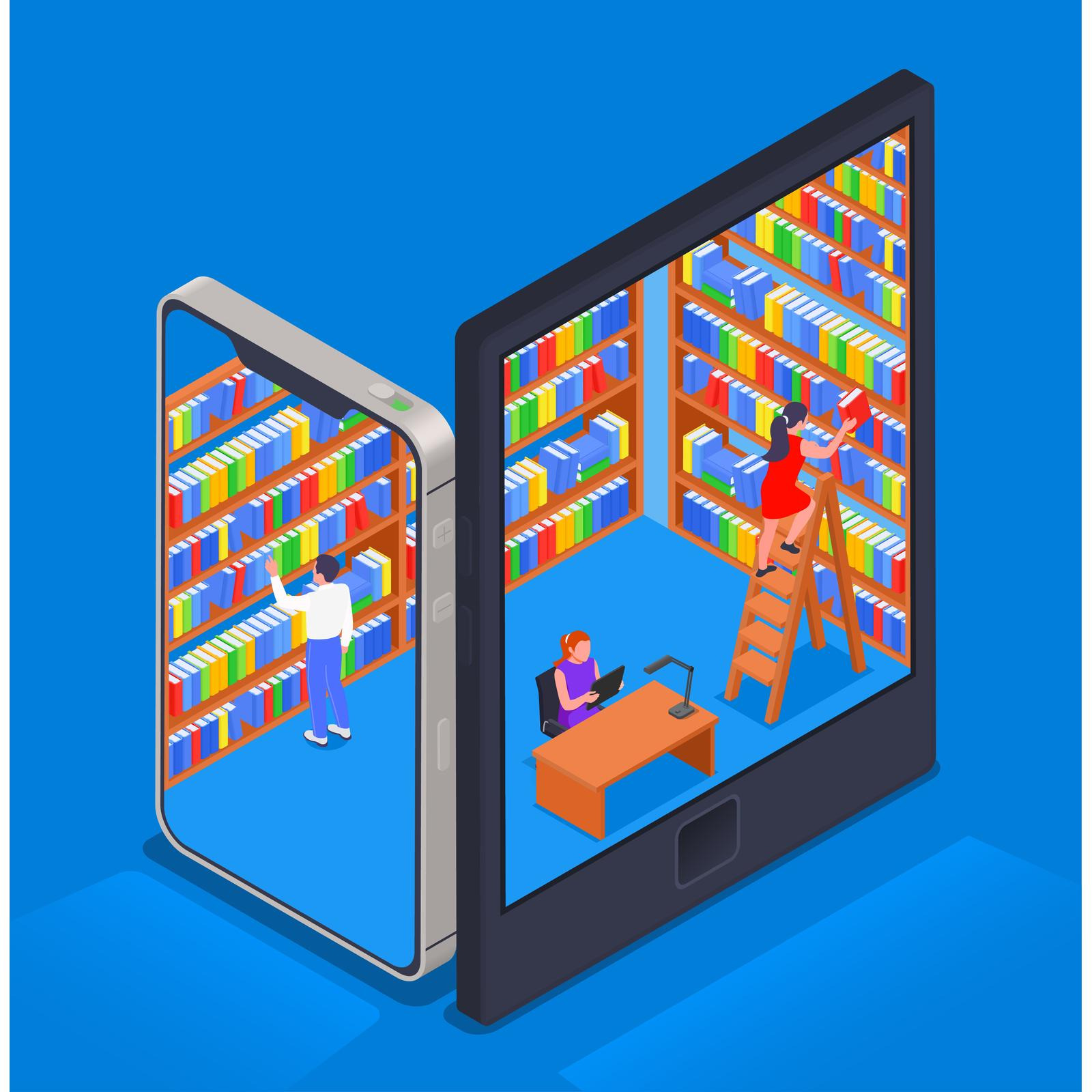 Digital Online Library Isometric Vector Illustration Concept
