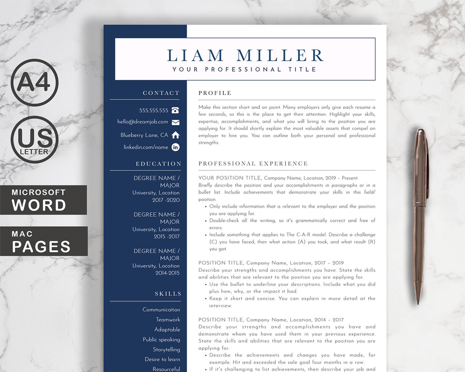 Liam Resume Template Word + Pages #184385 - TemplateMonster