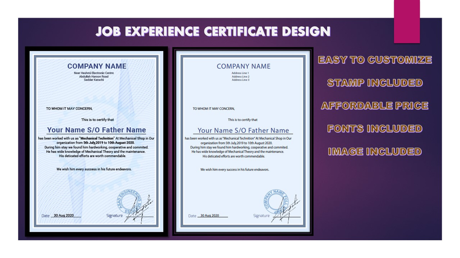 Simple Job Experience Certificate Template Design