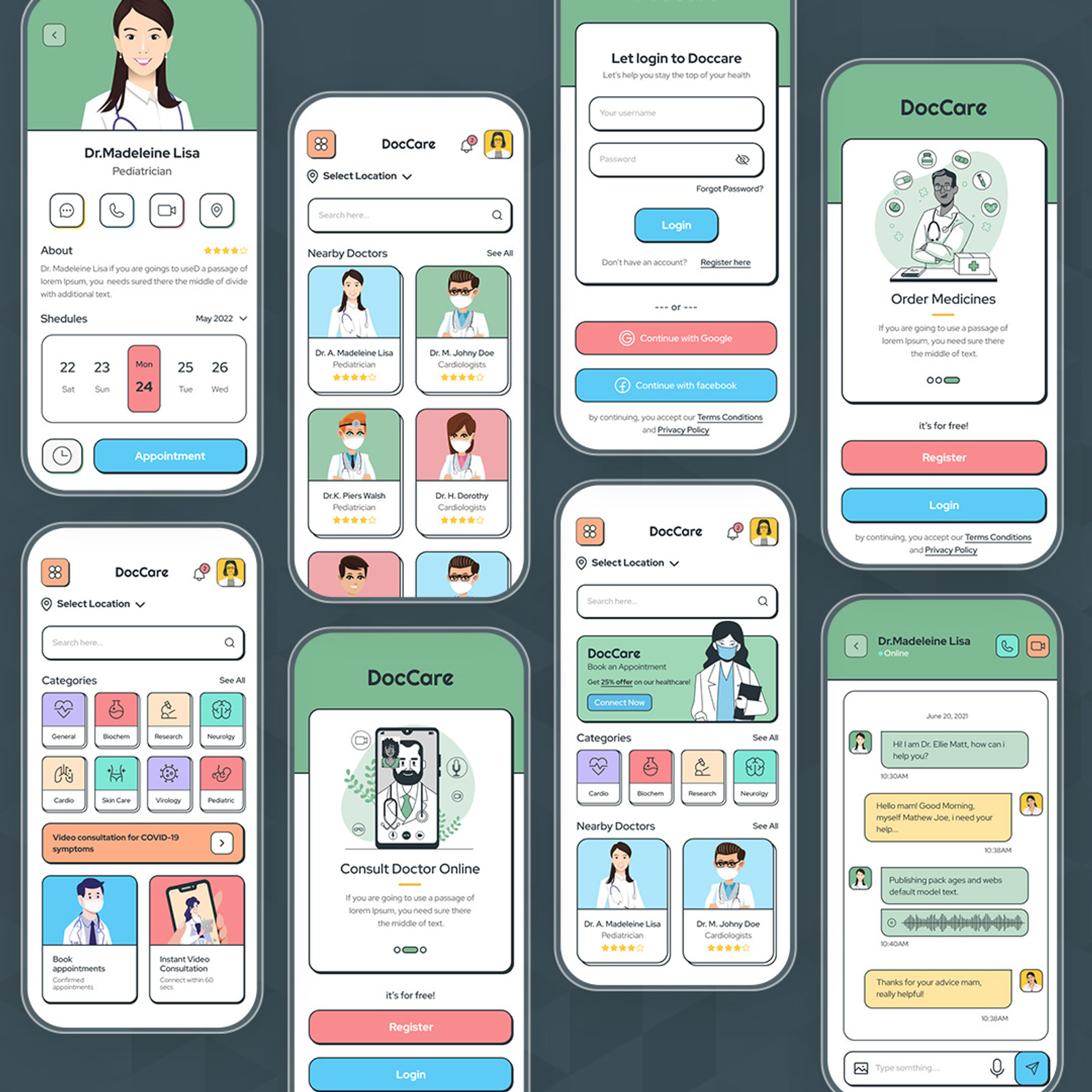 Doc Care - Appointment Mobile App UI Kit - TemplateMonster