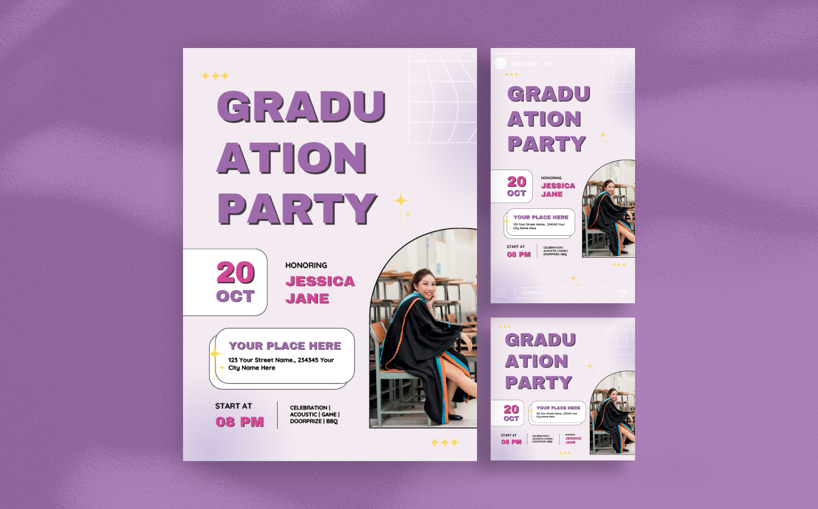 Light Purple Y2K Graduation Party Flyer Template