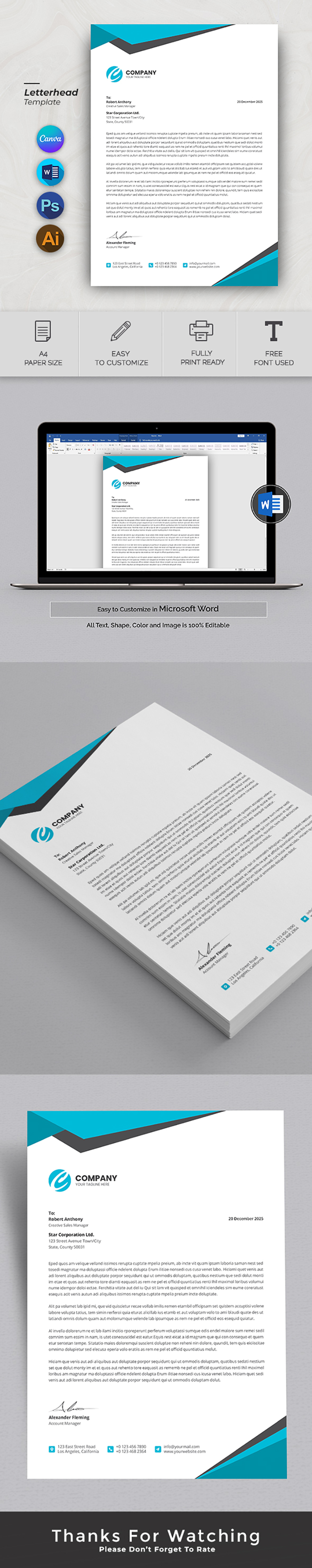 Letterhead Template Canva Editable, Custom Letterhead Template for Word ...