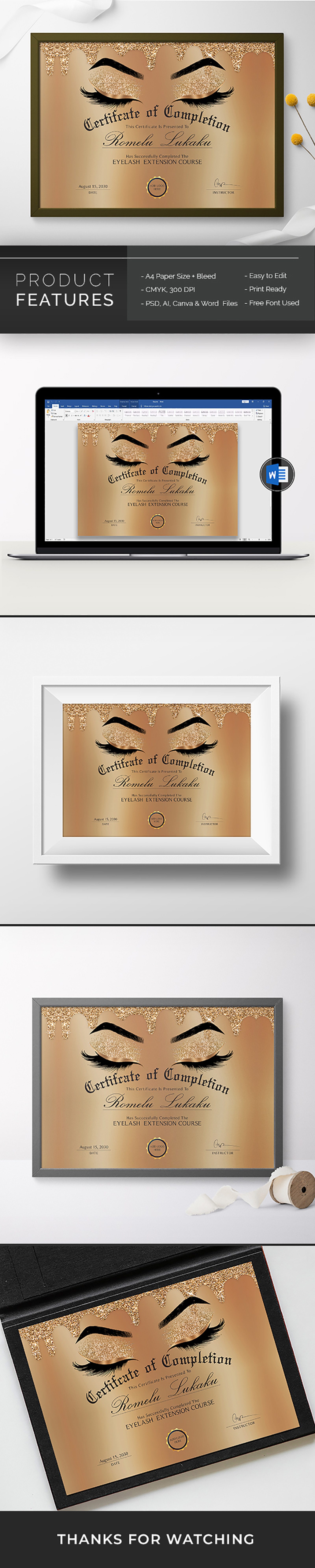 Modern Photoshop, Canva & Word Landscape Lash Certificate Design Template