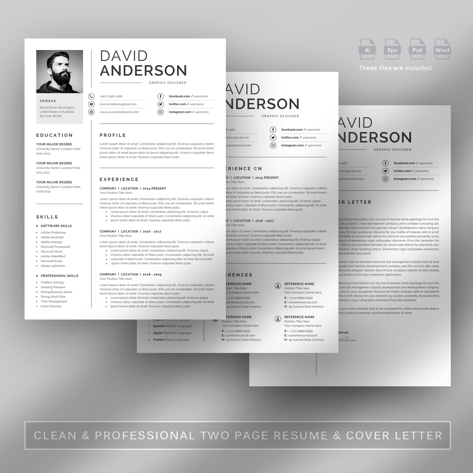 3 Pages Elegant Resume/CV Template #230659 - TemplateMonster