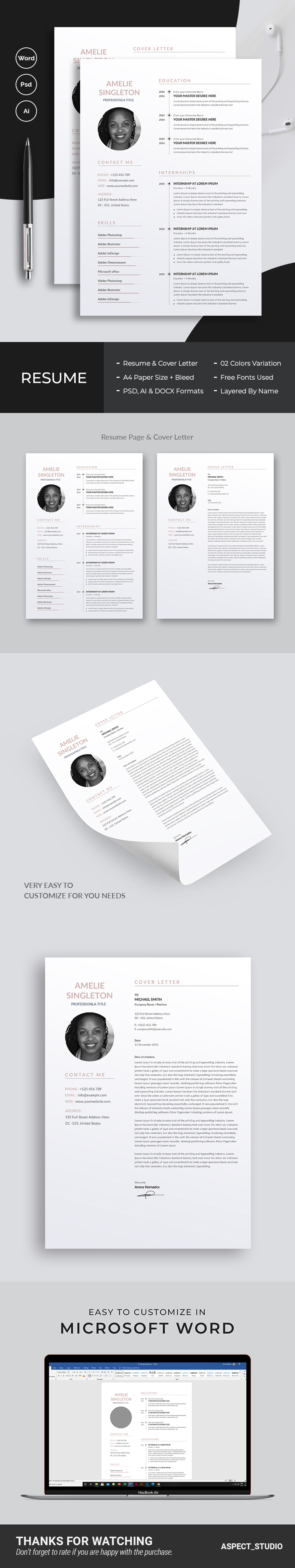 Amelie Singleton Resume/CV Template #165112 - TemplateMonster