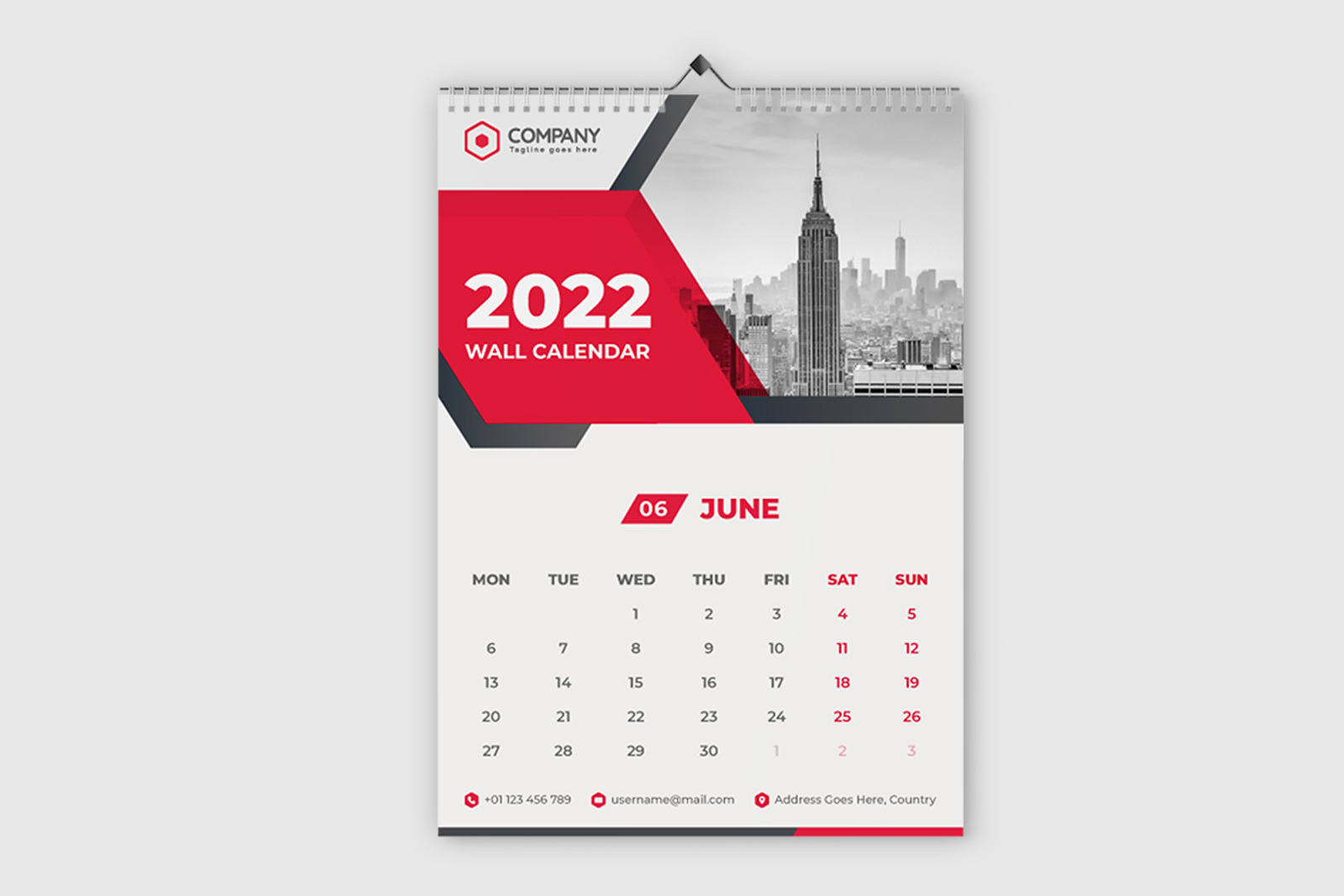 Clean Red Color 2022 Wall Calendar Design Template