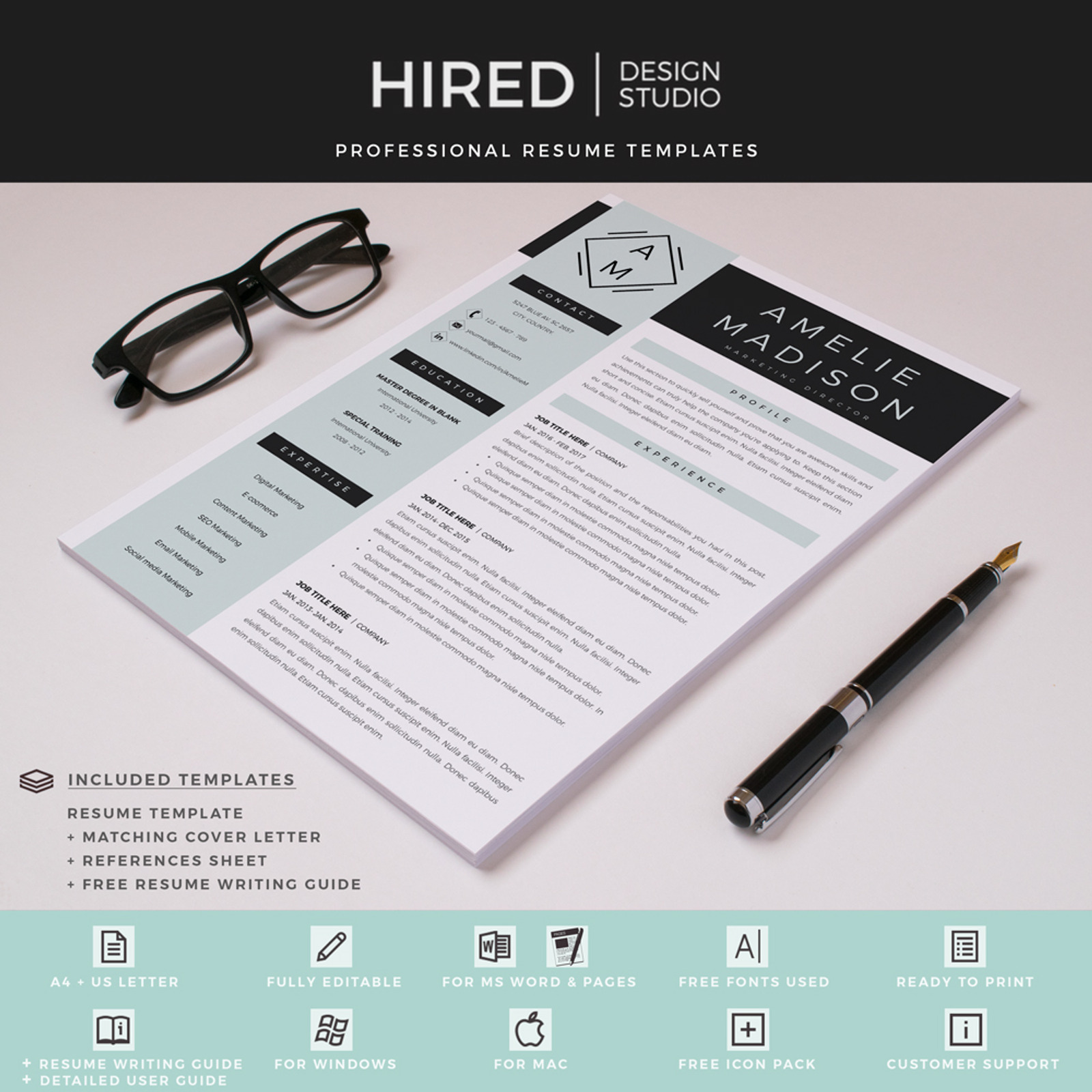 AMELIE - Marketing Resume Template for Word & Pages. CV with Logo ...
