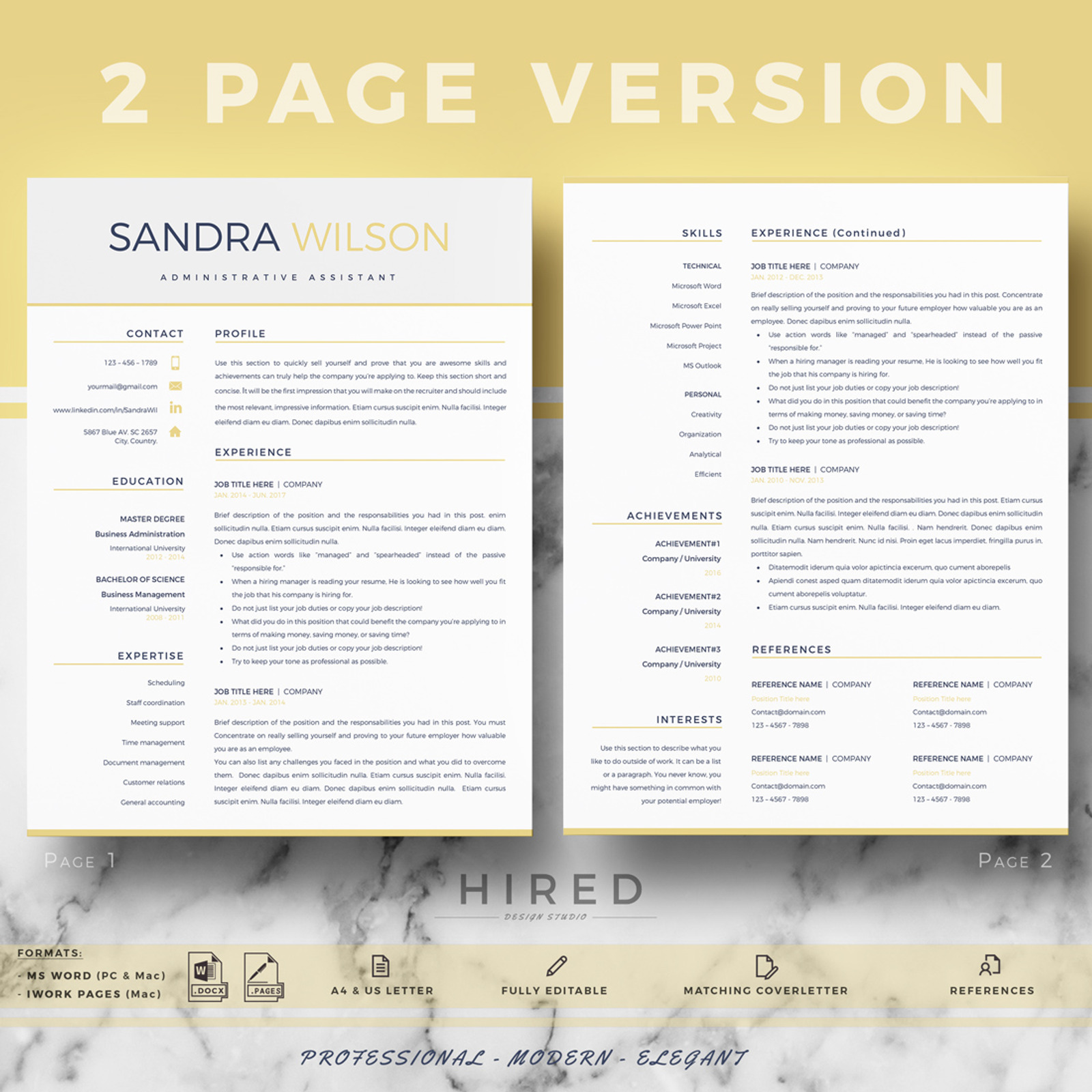 SANDRA Y. - Modern Resume Template Bundle for Word and Pages. 2 & 3 ...