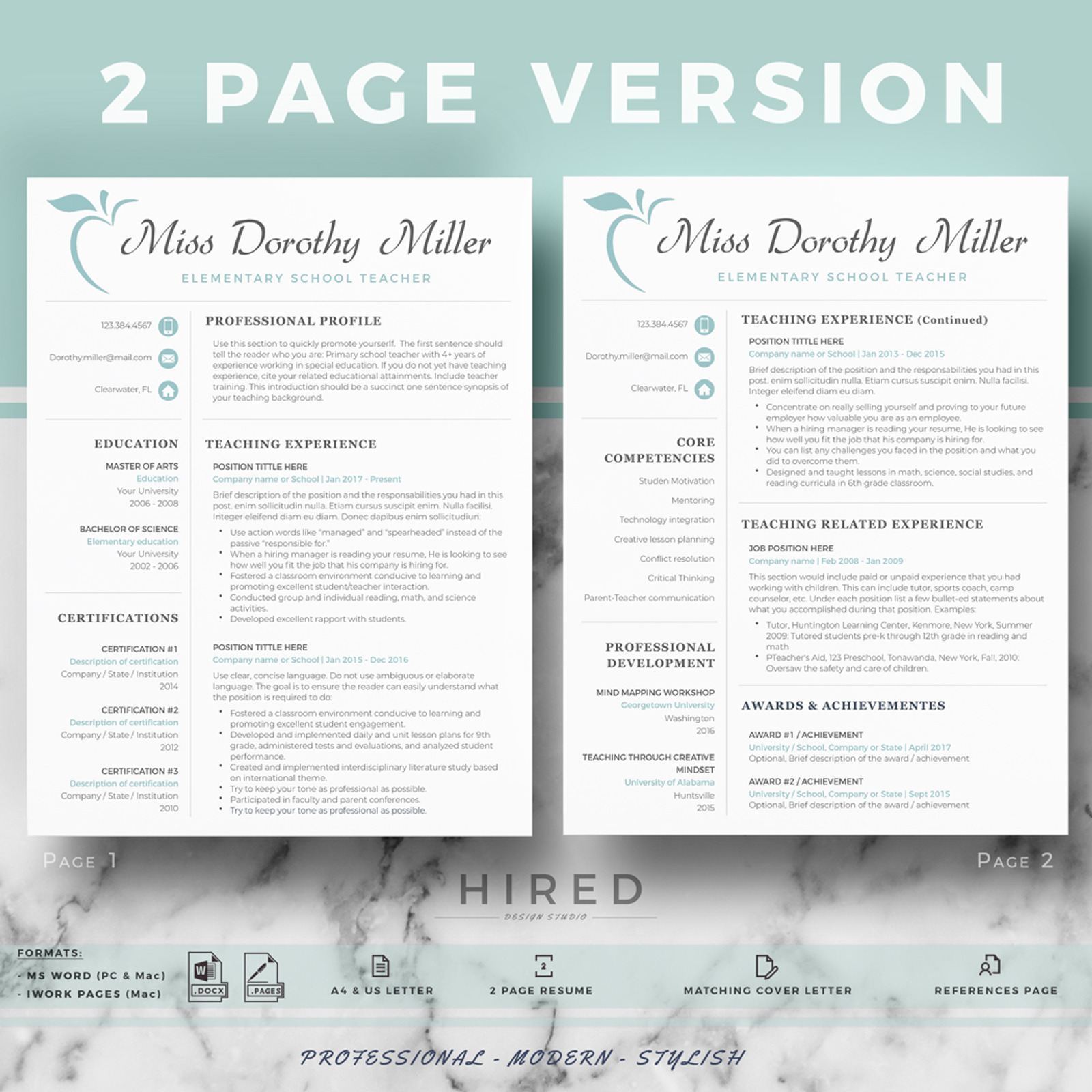 DOROTHY - Elementary Teacher CV Template for MS Word & Pages with Cover ...