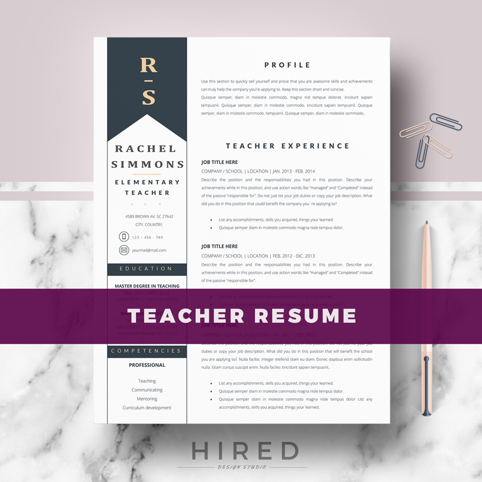 RACHEL - Teacher Resume Template. Education CV with Cover Letter ...