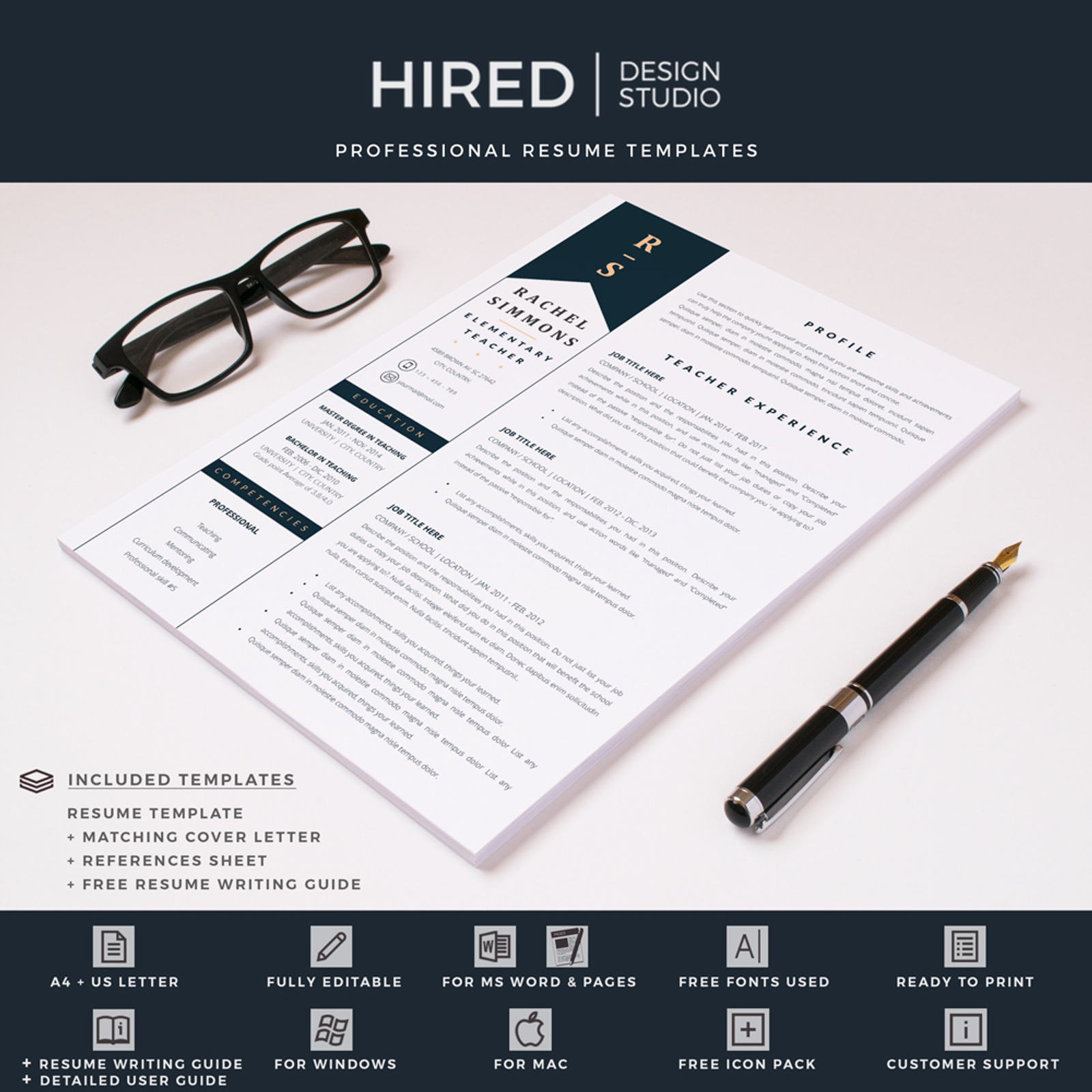 RACHEL - Teacher Resume Template. Education CV with Cover Letter ...