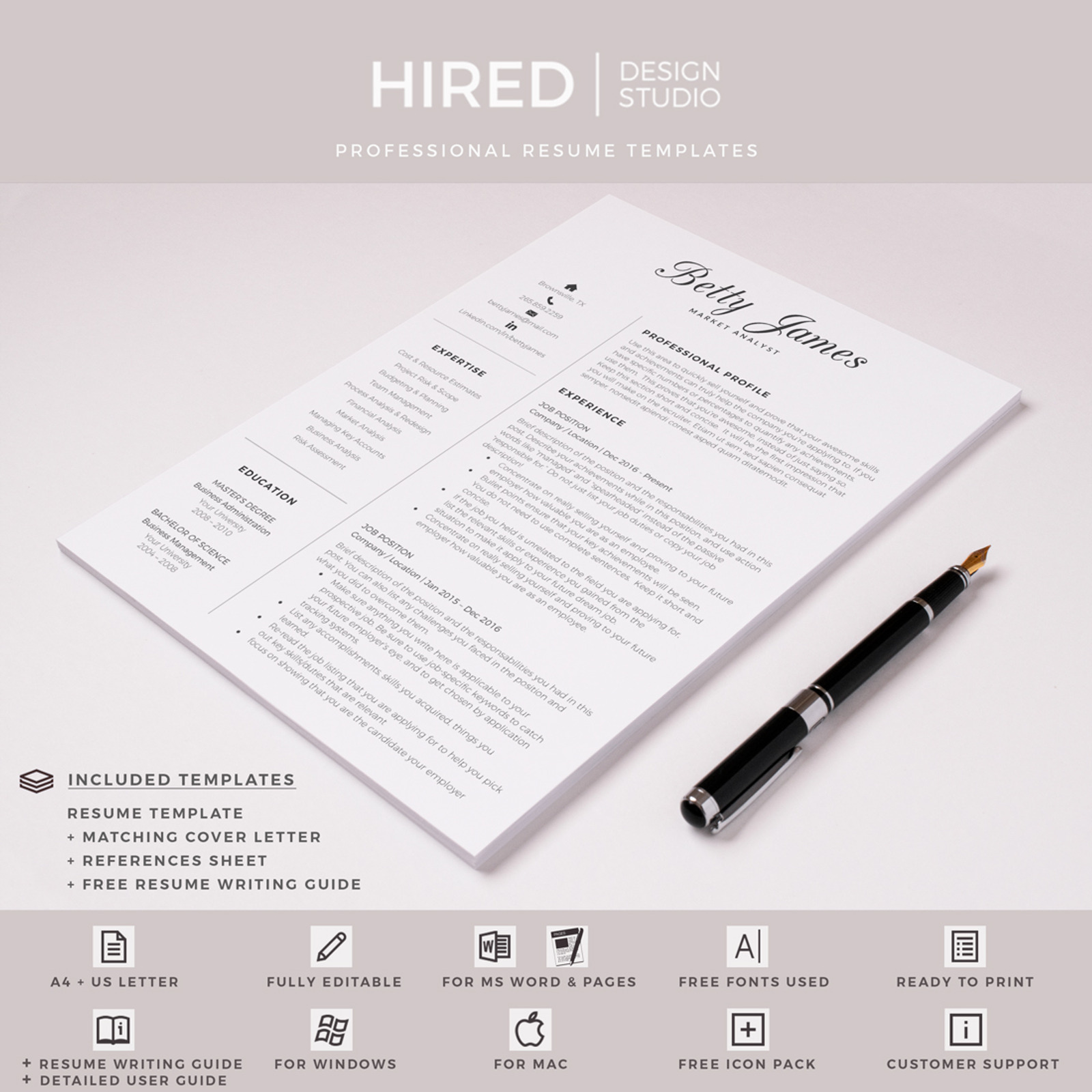 BETTY - Market Analyst Professional Resume. Minimalist CV with matching ...