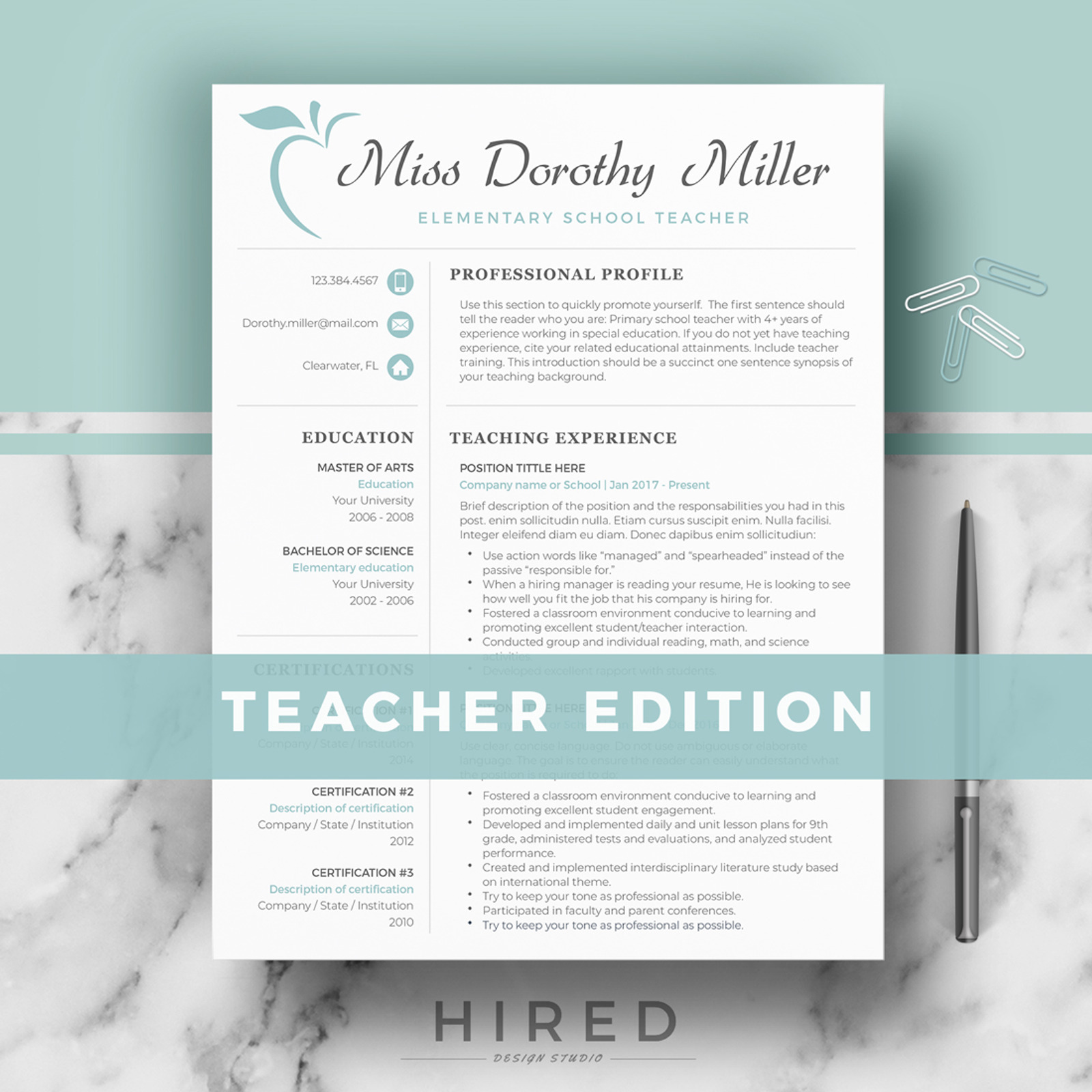 DOROTHY - Elementary Teacher CV Template for MS Word & Pages with Cover ...