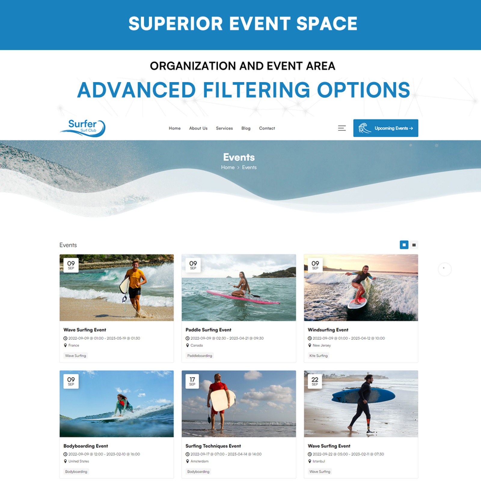 Surfer - Surf Club WordPress Theme #275659 - TemplateMonster