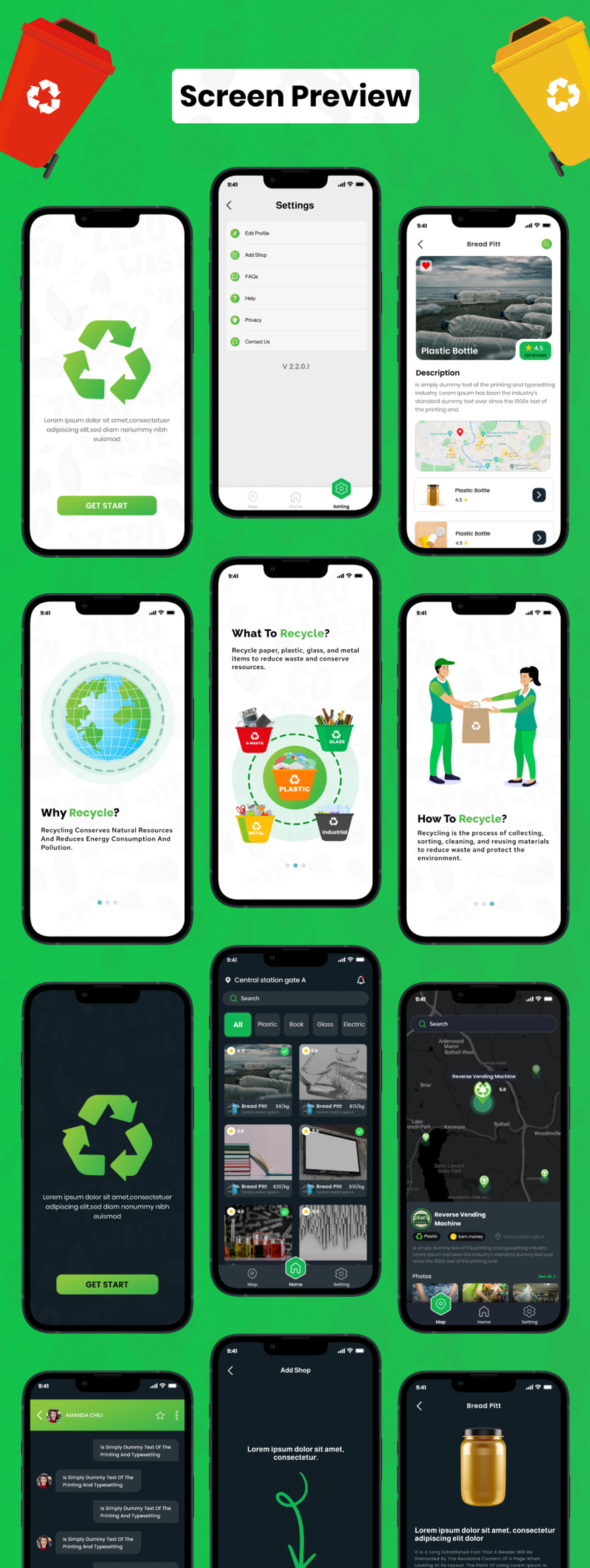 Recycle Mobile app Ui kit | Figma #321302 - TemplateMonster