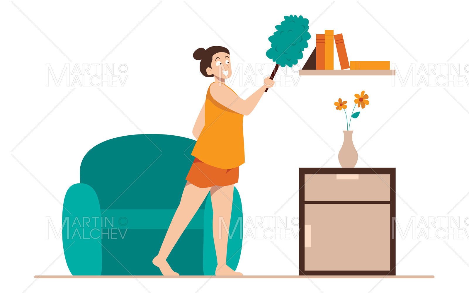 Woman Dusting at Home Vector Illustration - TemplateMonster