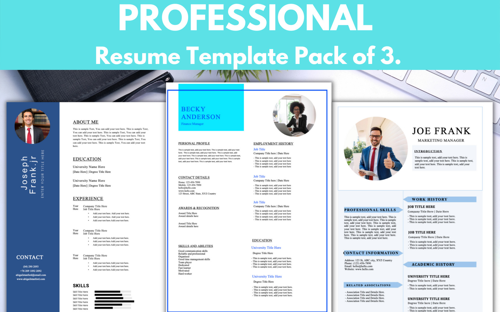 Pack of 3 Professional Resume / CV Template - Microsoft Word Resume CV ...