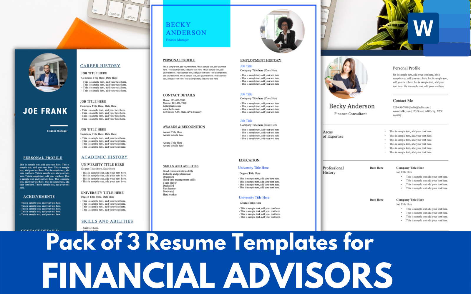 Pack of 3 Resume Templates for Financial Advisor / Consultants - MS ...