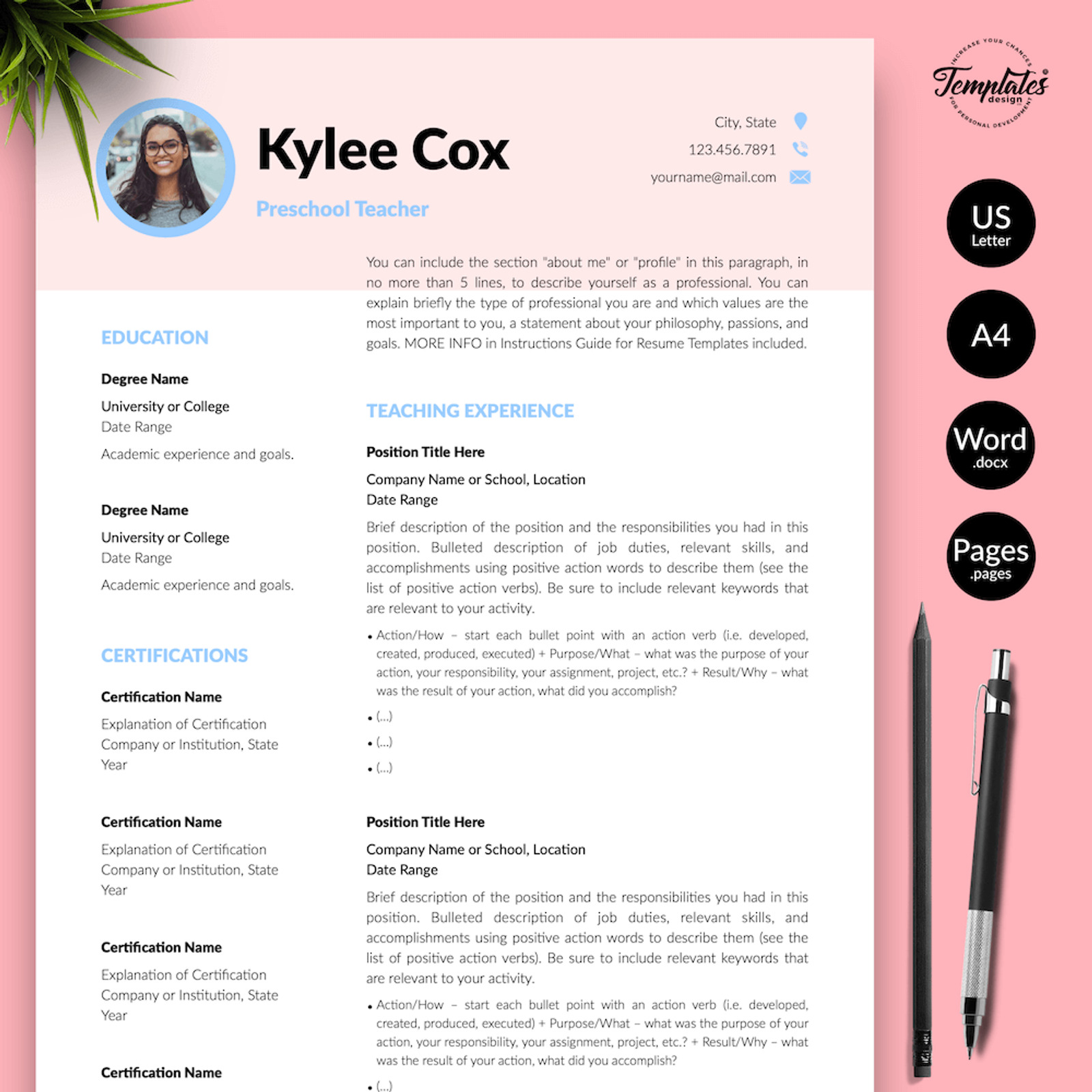Kylie Cox - Teacher CV Resume Template with Cover Letter for Microsoft Word & iWork Pages