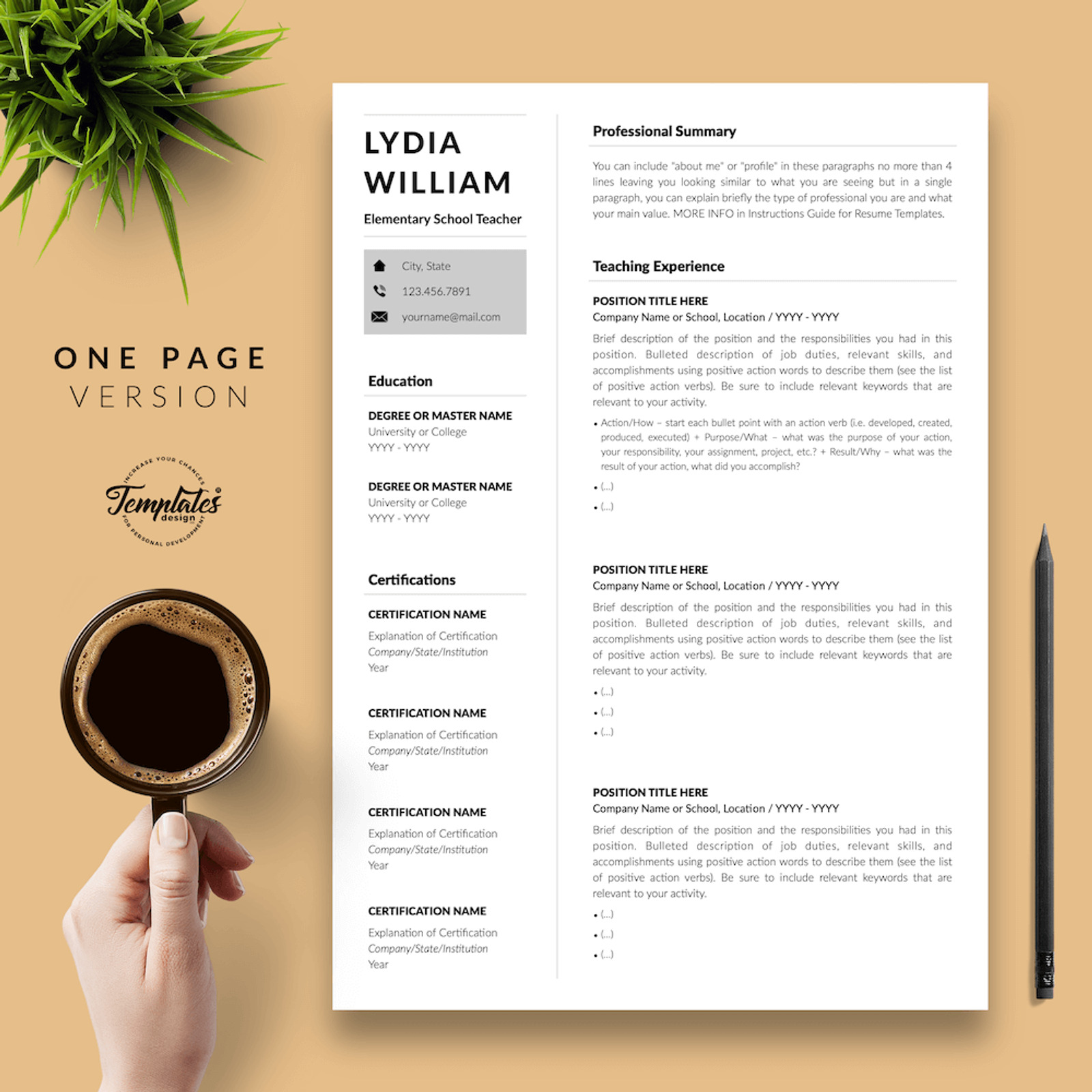 Lydia William - Teacher CV Resume Template with Cover Letter for ...