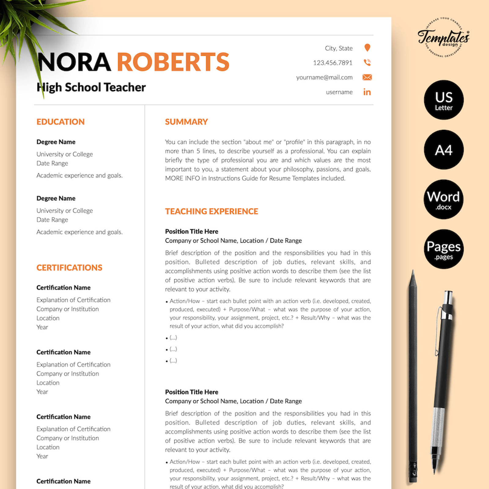 Nora Roberts - Teacher CV Resume Template with Cover Letter for ...