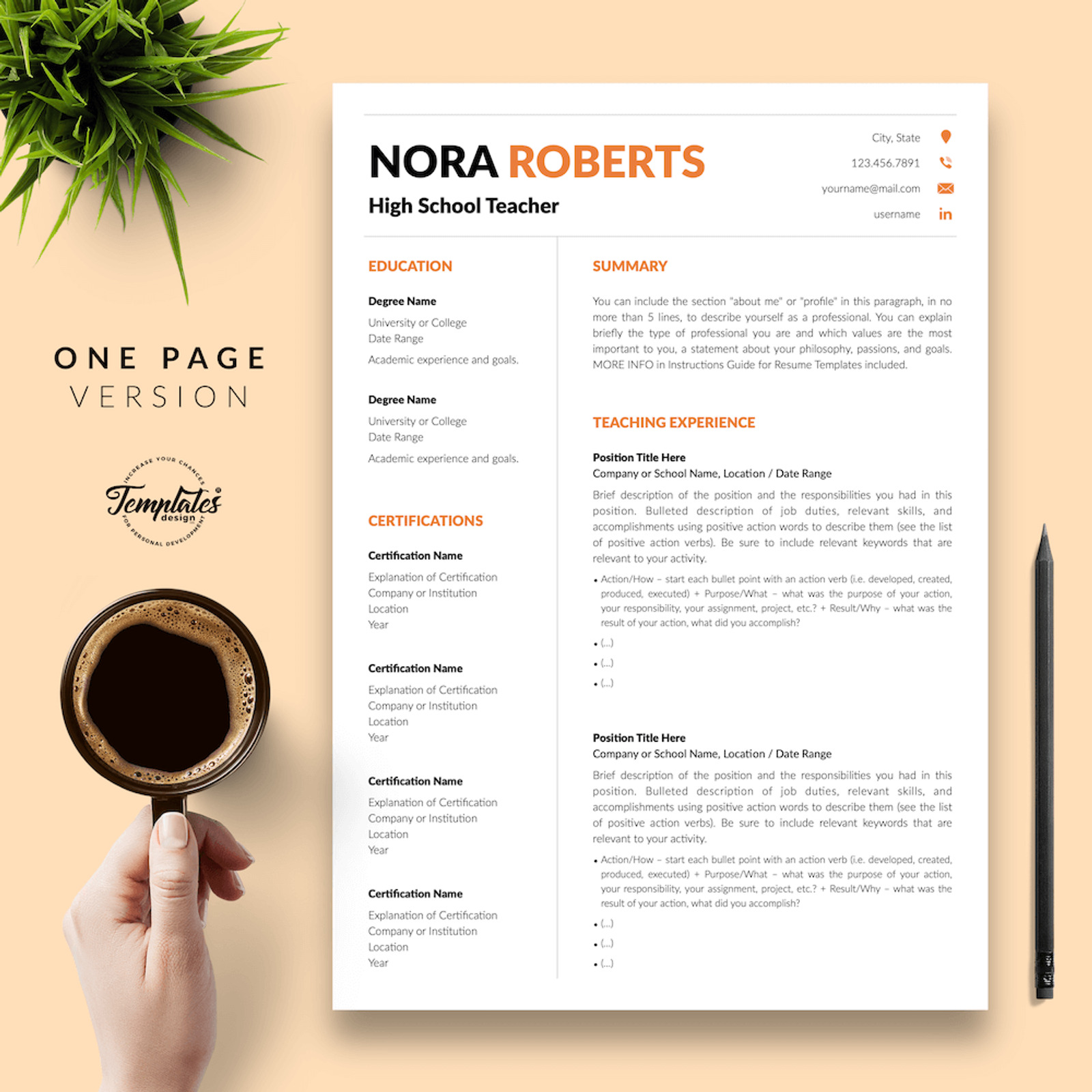 Nora Roberts - Teacher CV Resume Template with Cover Letter for ...