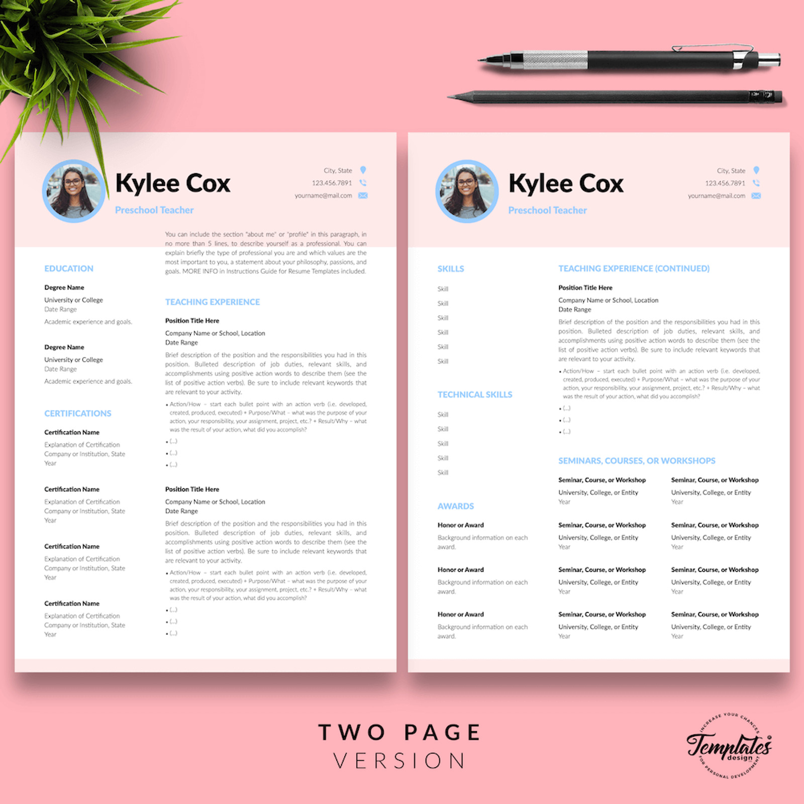 Kylie Cox - Teacher CV Resume Template with Cover Letter for Microsoft ...