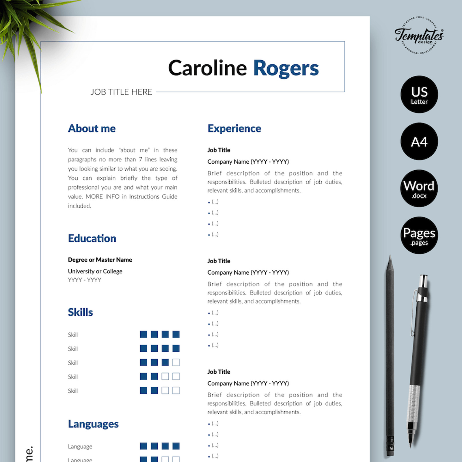 Caroline Rogers - Modern CV Resume Template with Cover Letter for ...