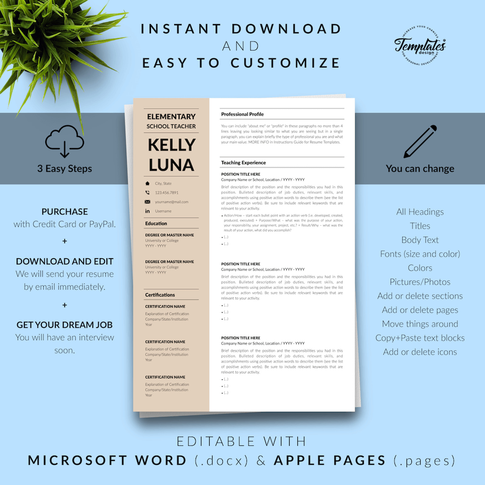 Kelly Luna - Teacher CV Resume Template with Cover Letter for Microsoft ...