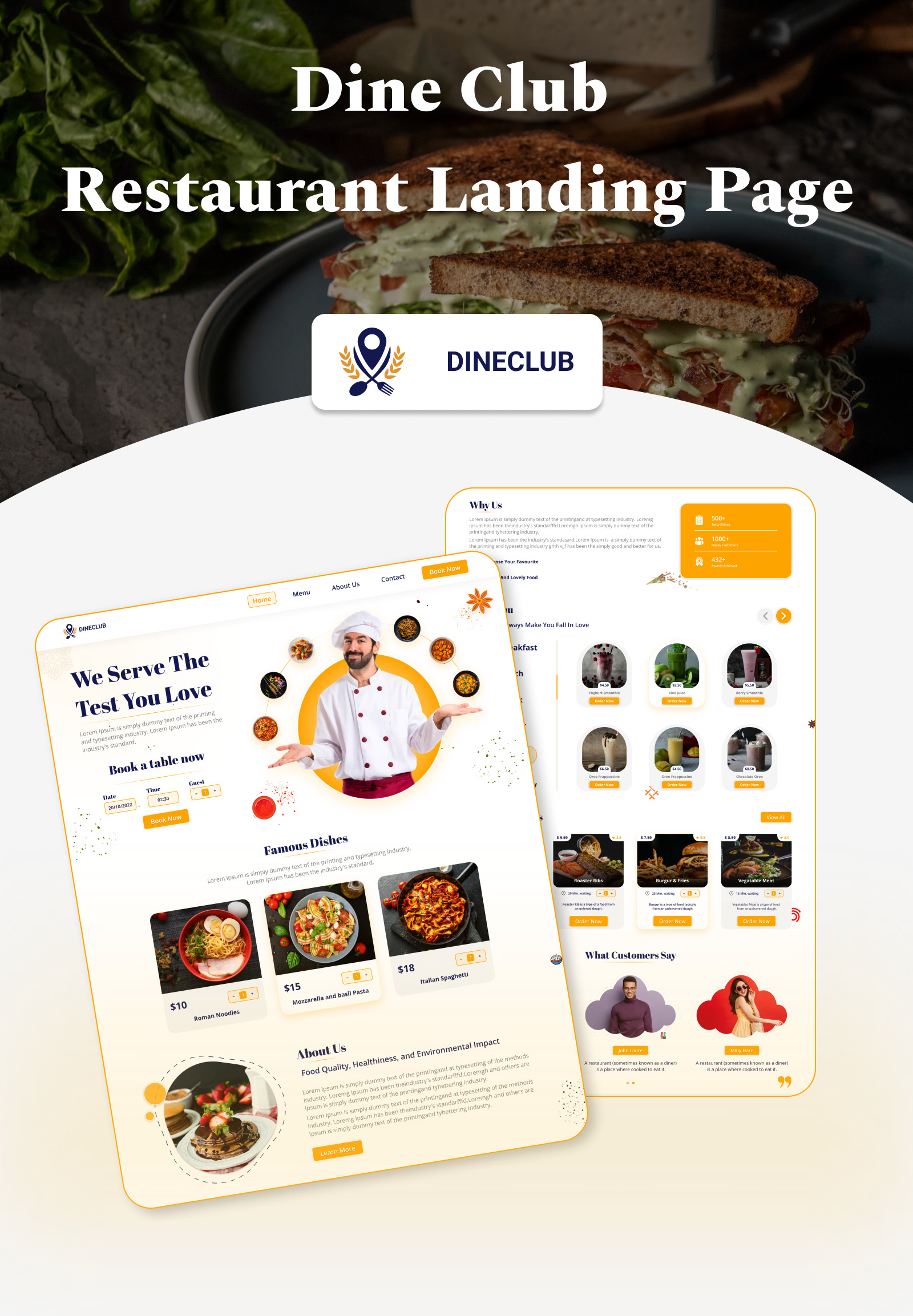 Dine Club - Restaurant Landing Page Figma Kit