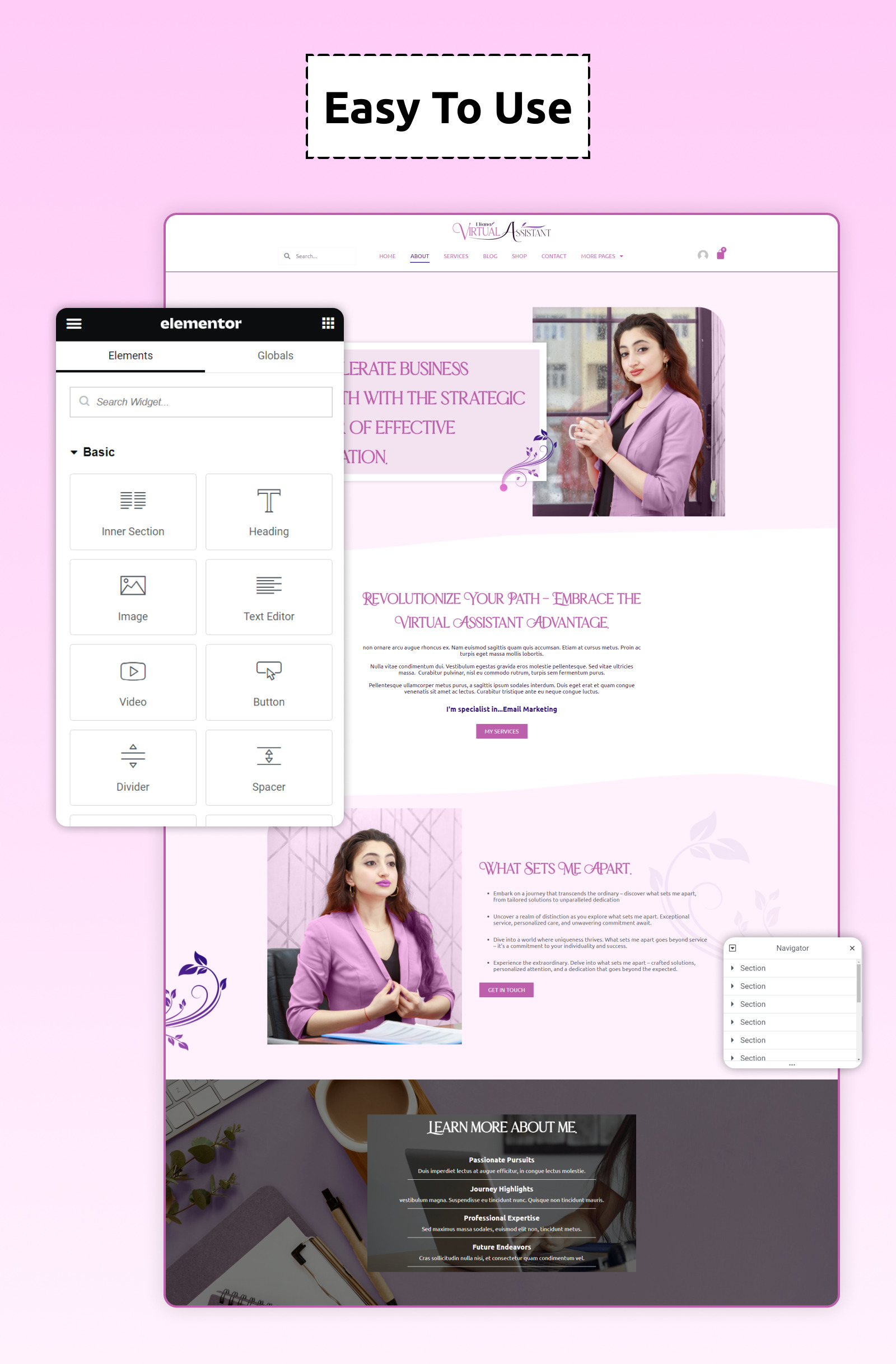 Eliana Women Virtual Assistance WordPress Elementor Template Kit