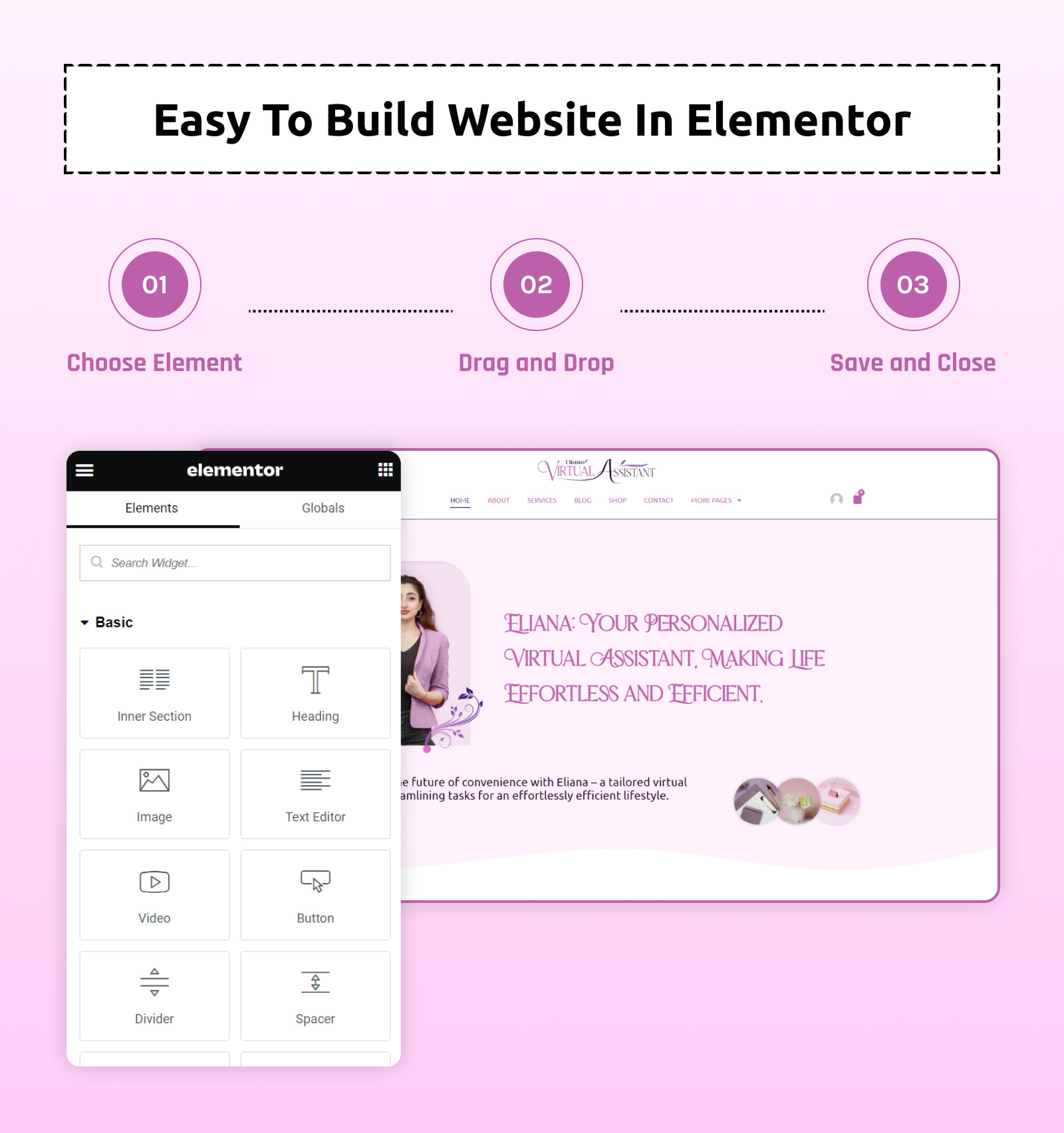 Eliana Women Virtual Assistance WordPress Elementor Template Kit