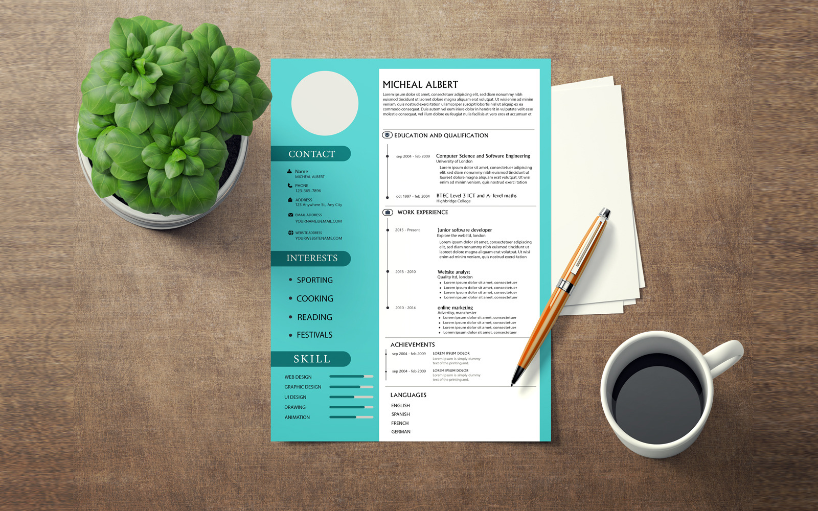 Professional CV template design of Micheal Albert