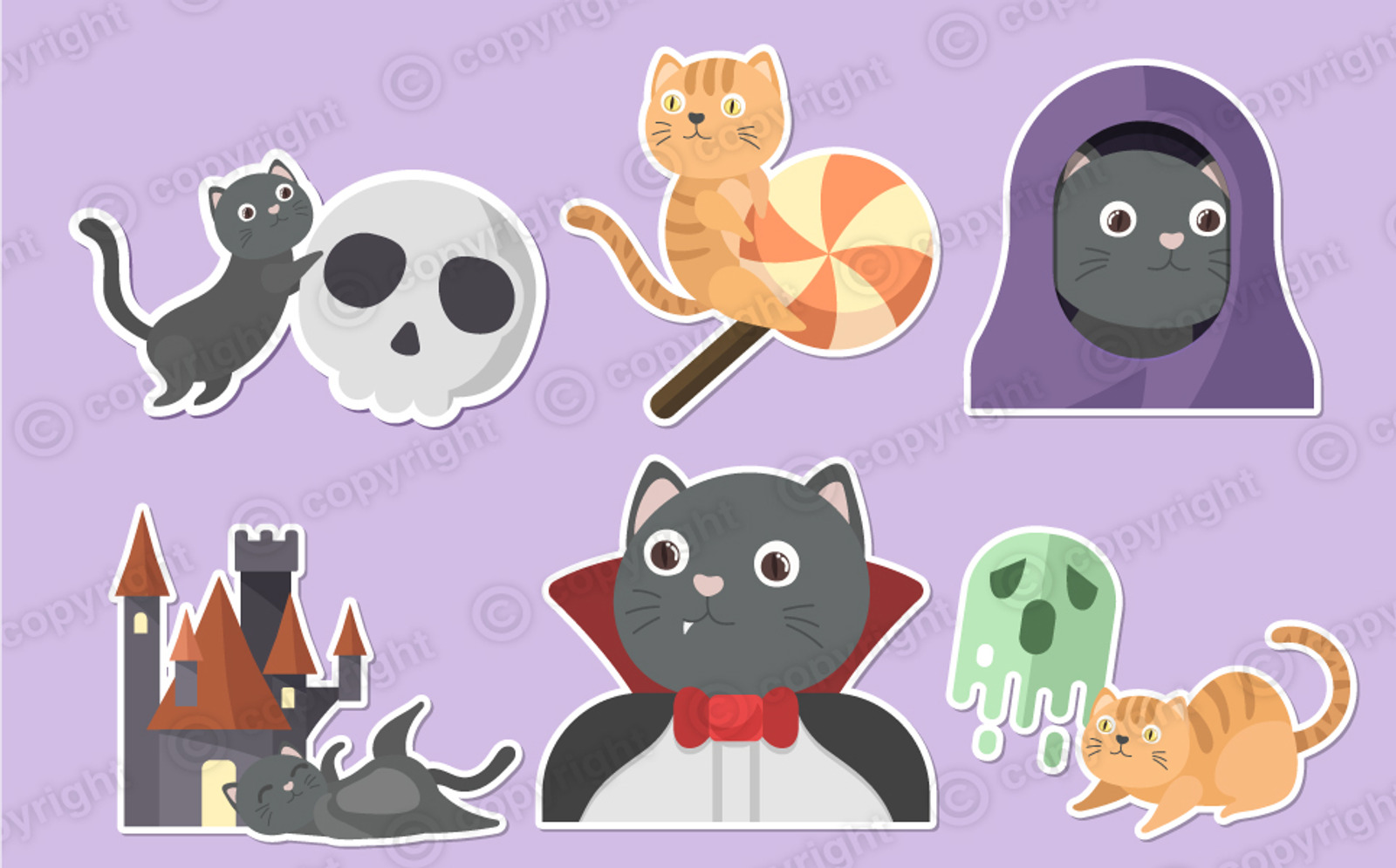 30 Cat in Halloween Cartoon Stickers - TemplateMonster