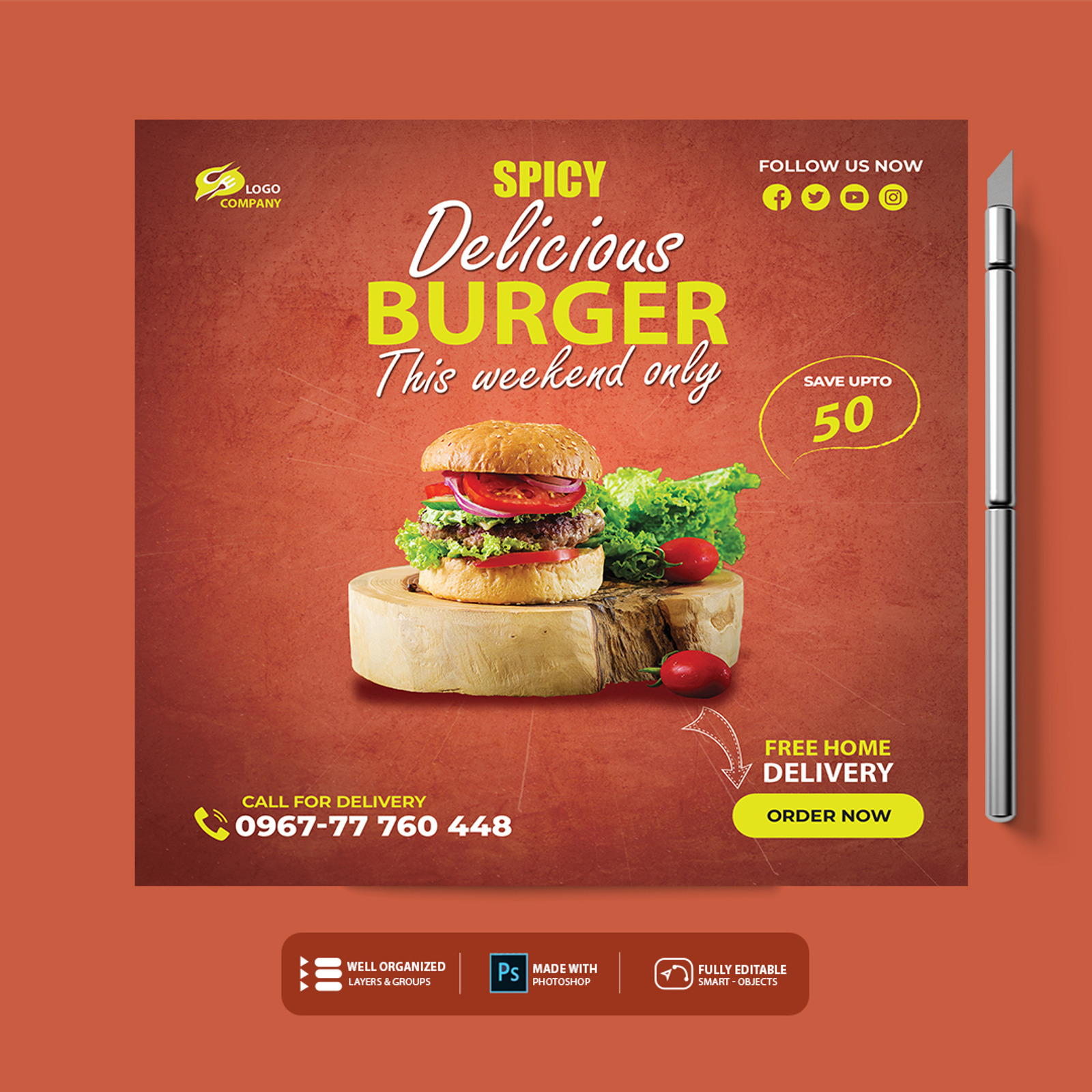 Delicious spicy burger fast food template - TemplateMonster