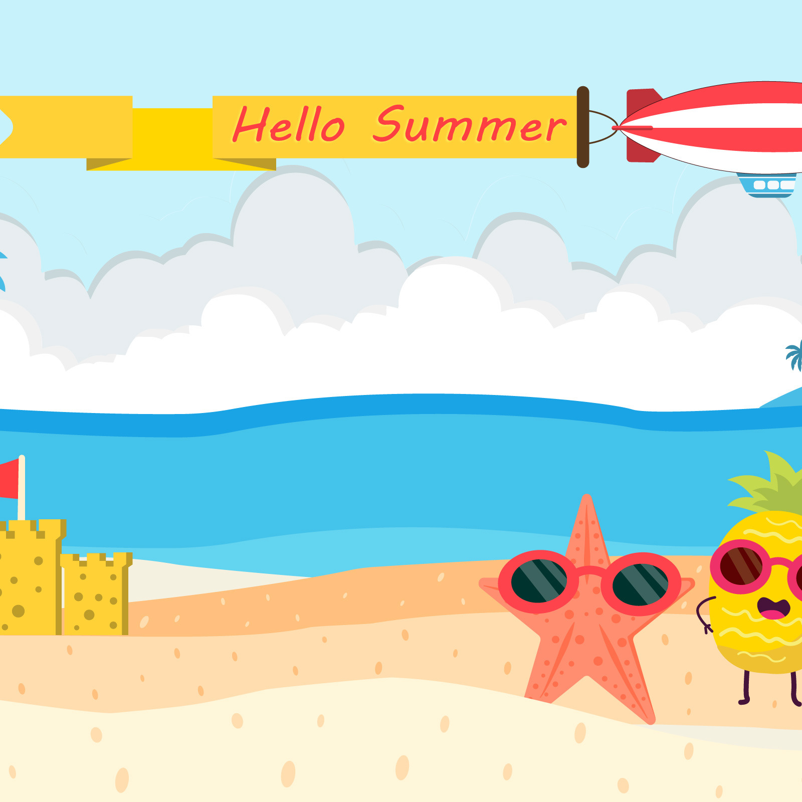 Happy Summer Time in Beach Seaside Vector Illustration for Background ...