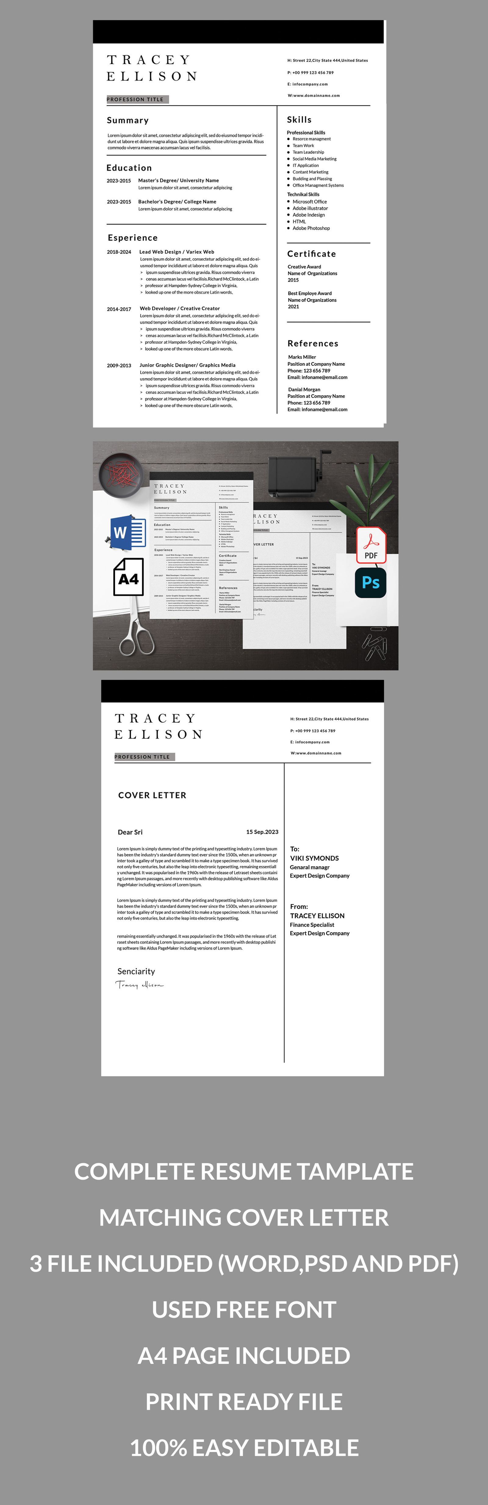 Tracey printable 'Ms word' resume tamplate - TemplateMonster