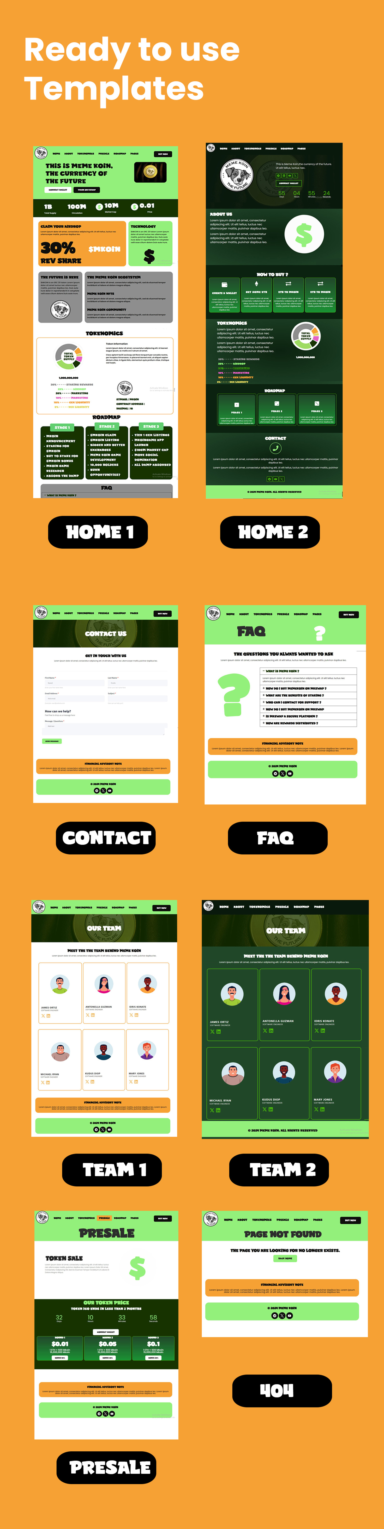 Cryptocurrency Elementor template kit - Meme Koin