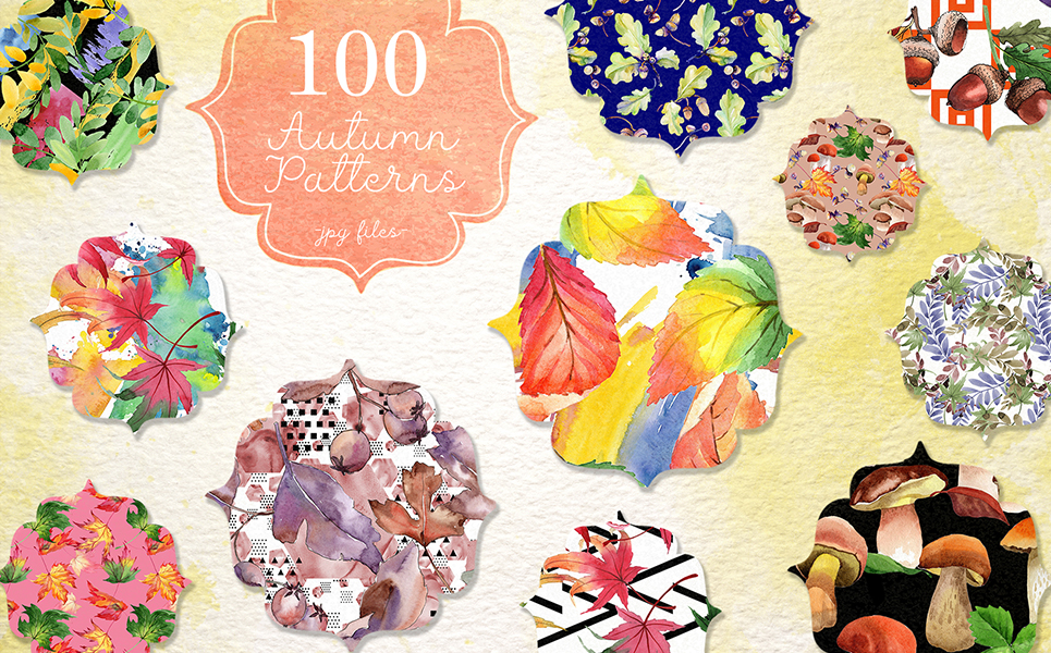 100 Autumn Patterns JPG Watercolor Set Illustration #71660