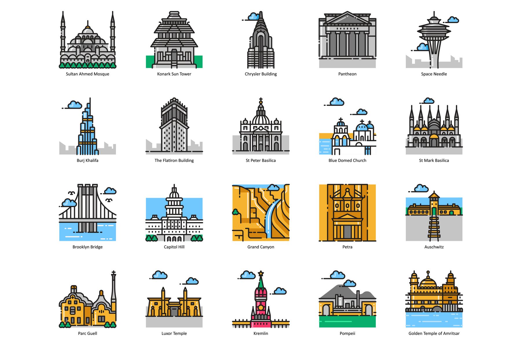 101 Landmark _ Building Icons - Aesthetic Series Iconset Template #91373