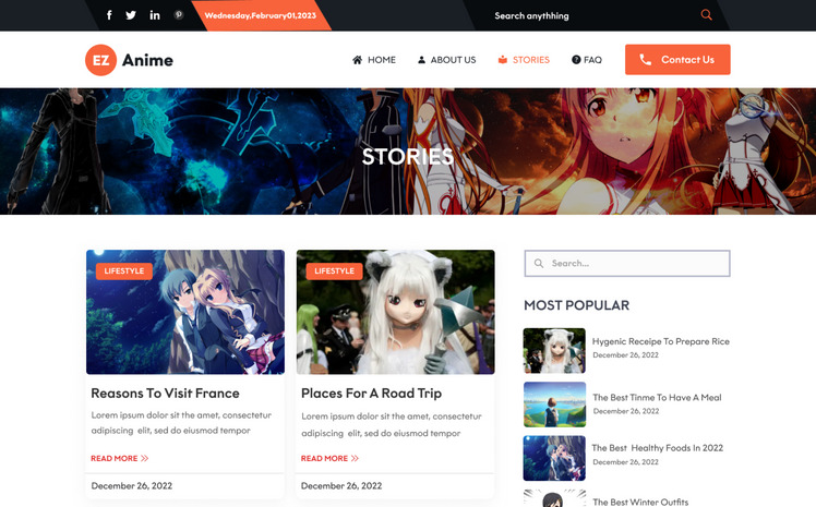 EZAnime A Blog and news Anime Responsive Elementor wordpress theme #339517
