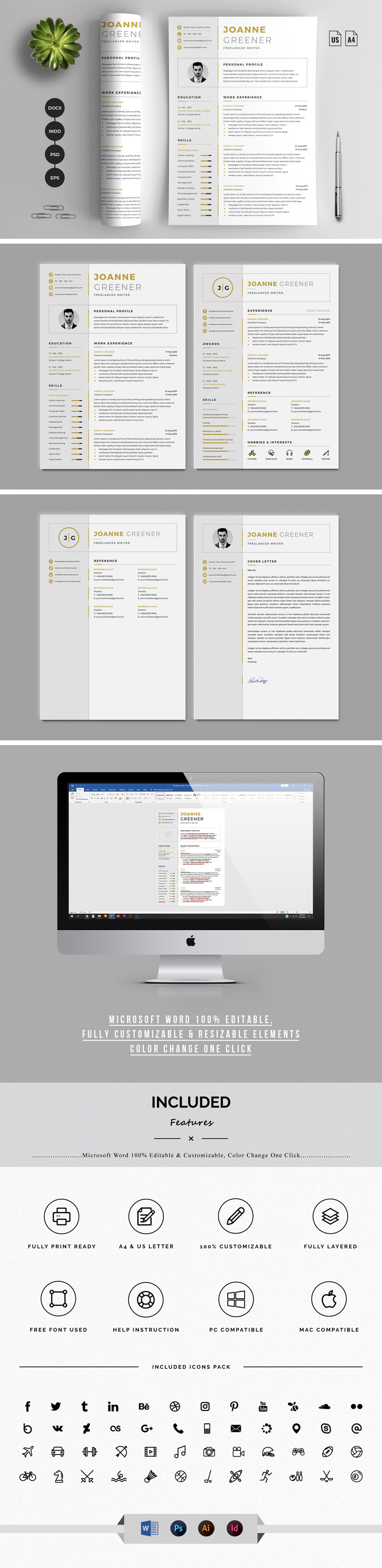 Minimalist CV 4 Pages Pack Resume Template - TemplateMonster