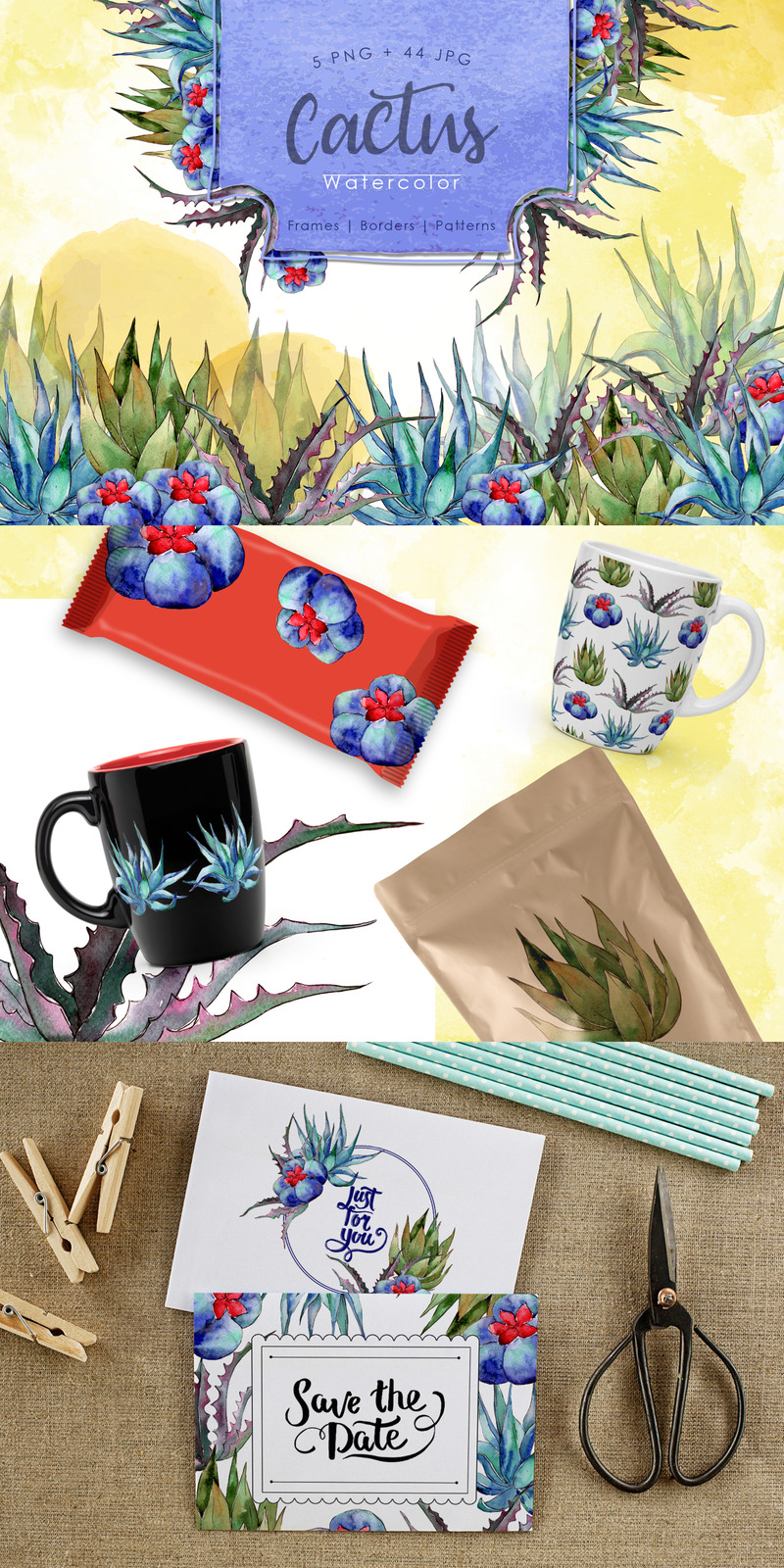 Cool green cactus PNG watercolor set - Illustration