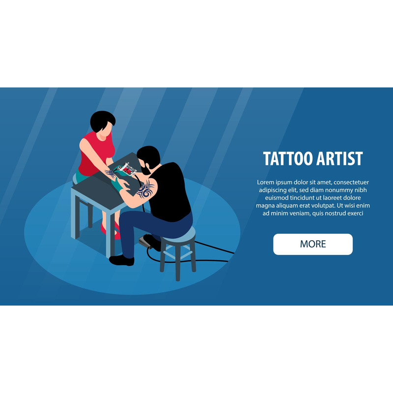 Isometric Tattoo Artist Horizontal Banner Vector Illustration Concept